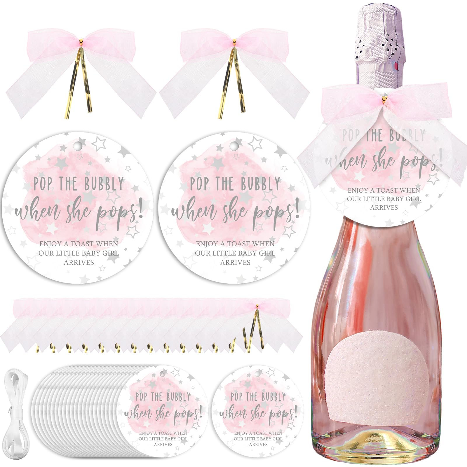 MotiMind 50 Set Pop When Pops Baby Shower Bottle Tags, Pop the Bubbly When Pops Tags Champagne Baby Shower Favor Label with Bows and Ribbon for Baby Shower Party Guest Gift (Pink)