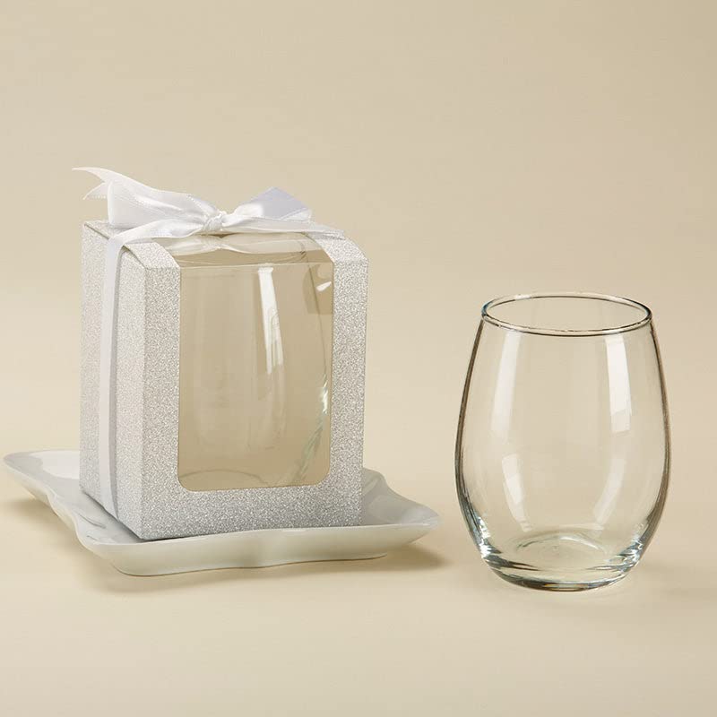 Kate Aspen 9 oz. Personalized Stemless Wine Glass - 36pcs/Silver - Custom Wedding Favors and Bridal Shower Party Favors with Customized Designs Text Lines