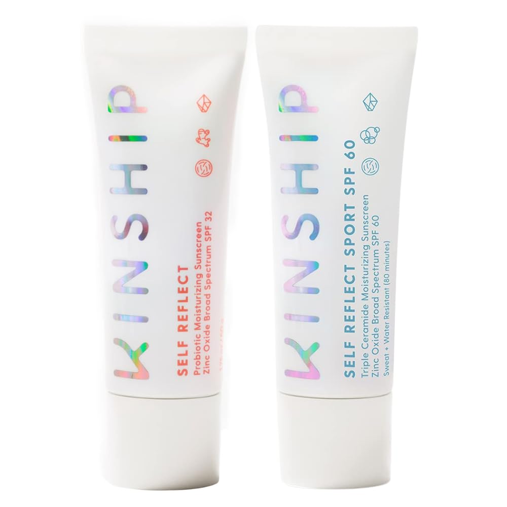 Kinship Self Reflect Probiotic Moisturizing Sunscreen SPF 32 + Sport SPF 60 Bundle - Lightweight 100% Mineral SPF for Sensitive Skin - Sheer Zinc Oxide Sunblock - Water + Sweat Resistant - Reef Safe