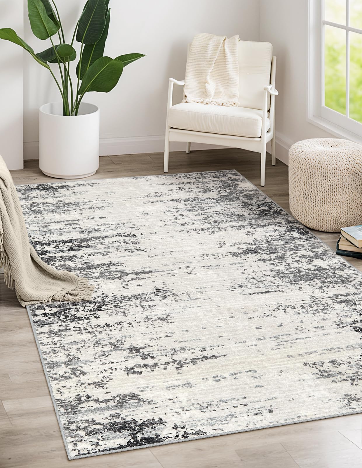 Morebes Modern 3x5 Rug Non Slip,Washable Neutral Area Rug for Bedroom, Soft Abstract Pattern Throw Floor Carpet for Entryway Entry Kitchen Bathroom Living Room Office,Black&Grey