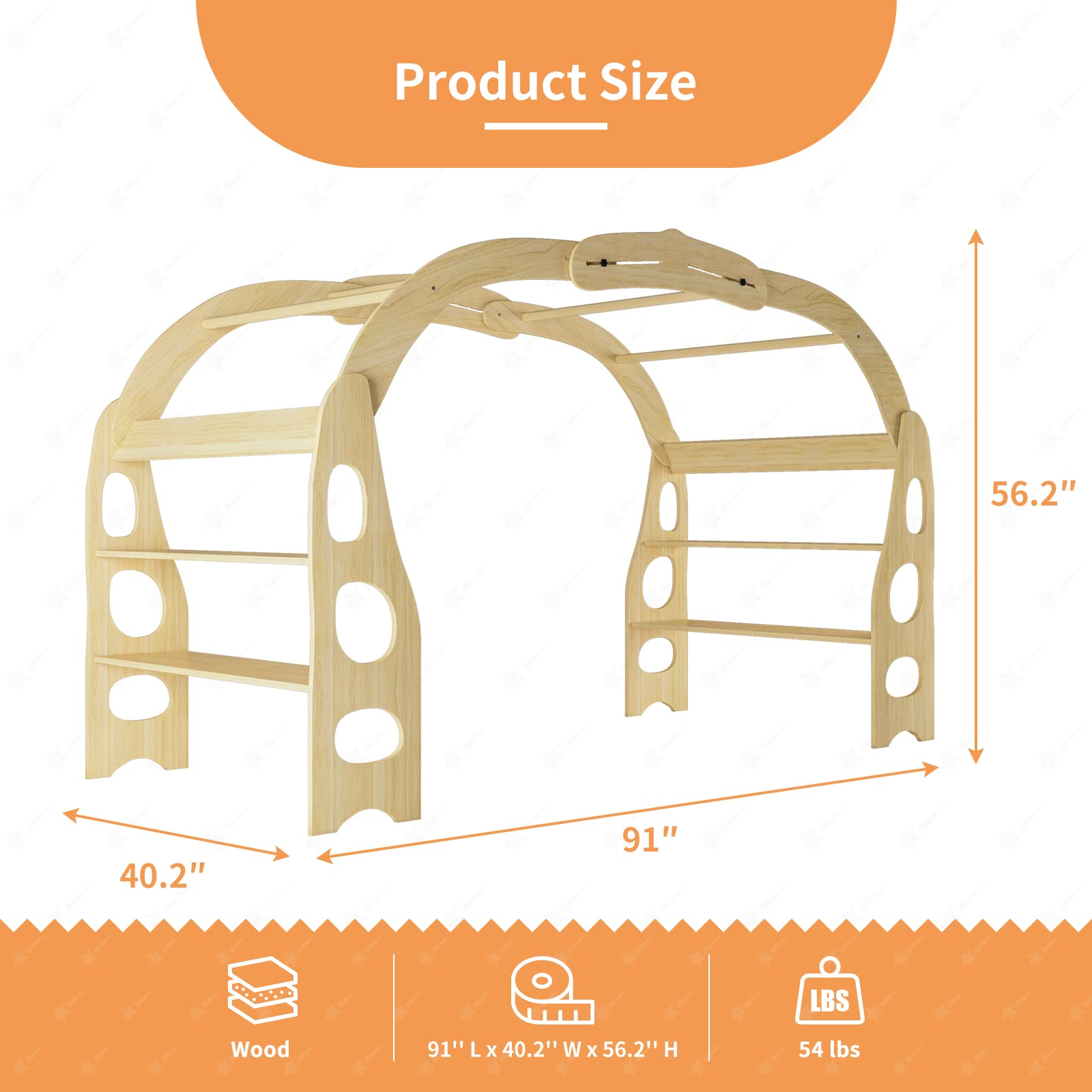 linor Indoor Playground for Kids in 3-12, Wooden Play Structures with Bookcase, Waldorf Playstand Arch with A Large Space for Reading, Storing, Playing, Great Gift for Kids (Wood)