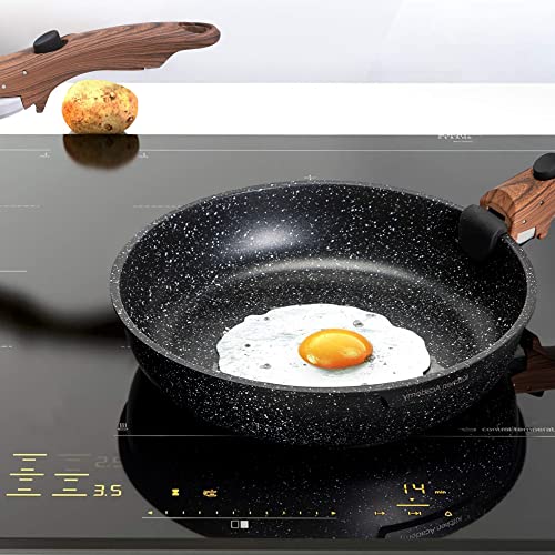 Kitchen Academy Detachable Handle Induction Cookware Sets - 10 Piece Non-stick Cooking Pots and Pans, Black Granite Stackable RV Cookware for Camp