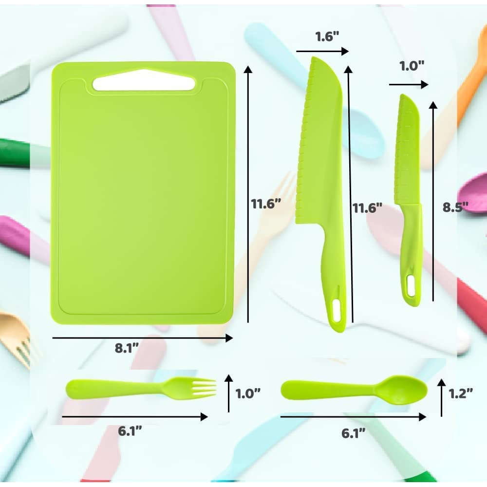 jawbush 11" Large Lettuce Knife with Plastic Cutting Board for Salad to Prevent Browning, Green Nylon Knives Bonus with Fork Spoon, Plastic Kitchen Knife for Veggies, Fruit, Bread, Cake, Salad