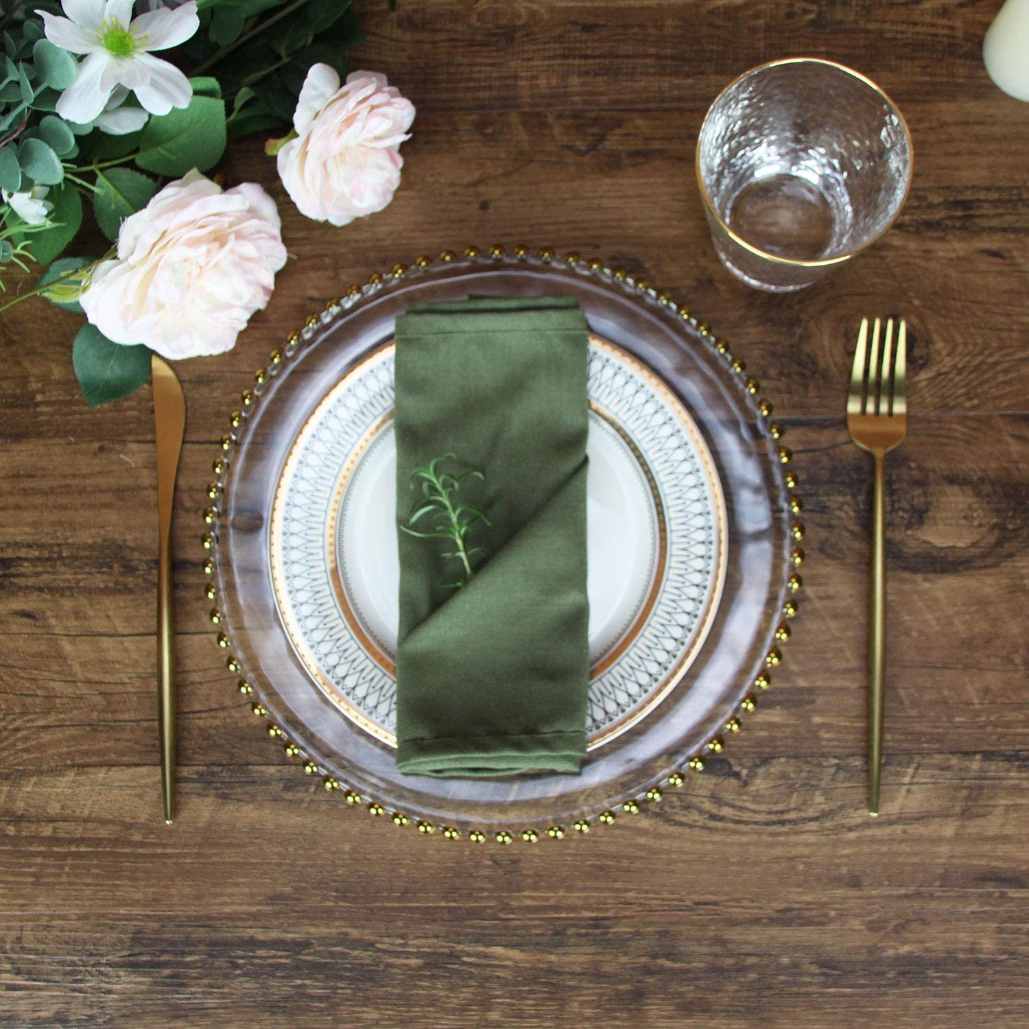 INFEI Solid Color Cotton Linen Blended Thin Dinner Napkins - Pack of 12 (40 x 40 cm) - for Events & Home Use (Army Green)