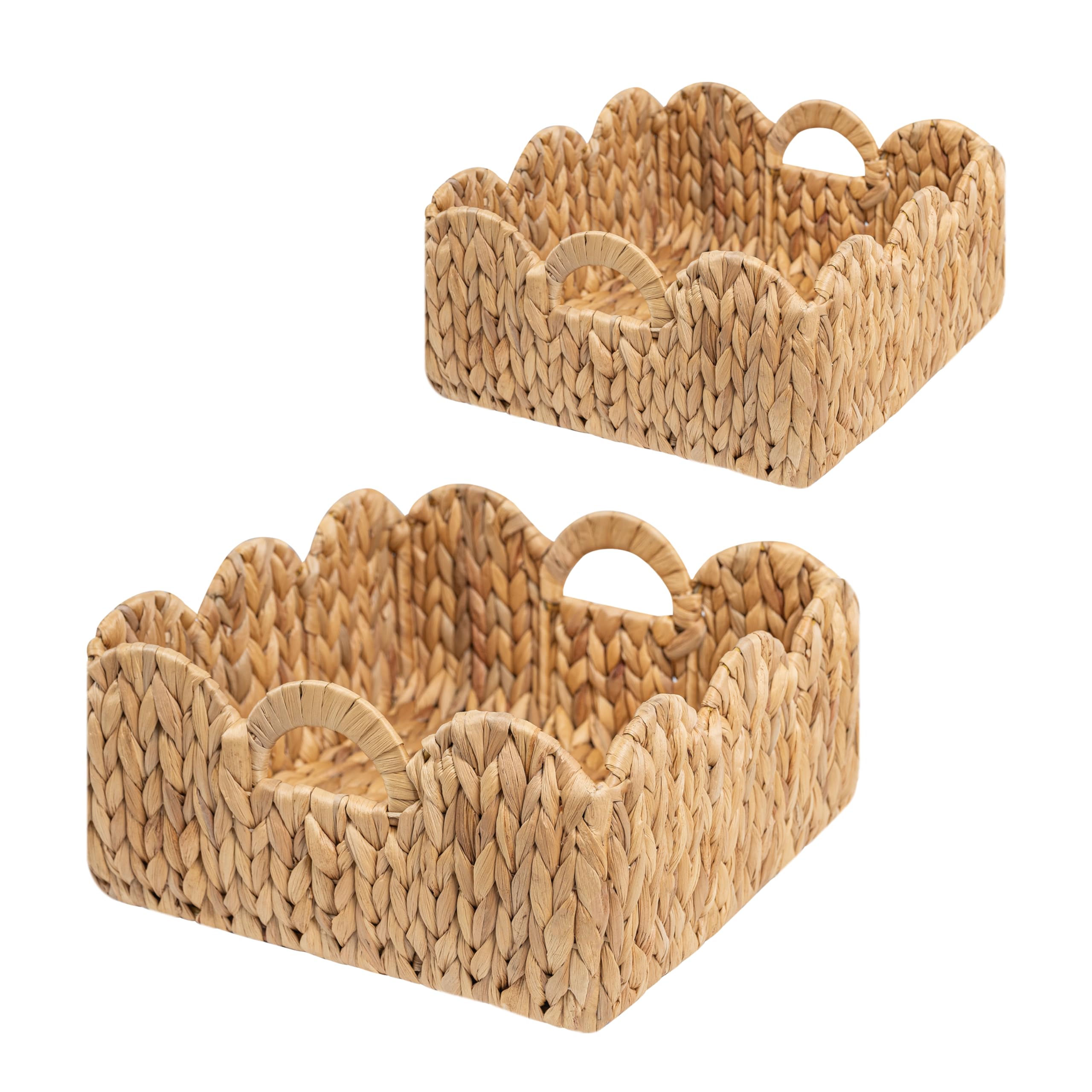 Set of 2 Scalloped Basket | Hand Woven Scallop Basket | Scalloped Wicker Basket with Handles | Scalloped Edge Basket Shelf Decorative | Natural Water Hyacinth scalloped baskets for Organizing