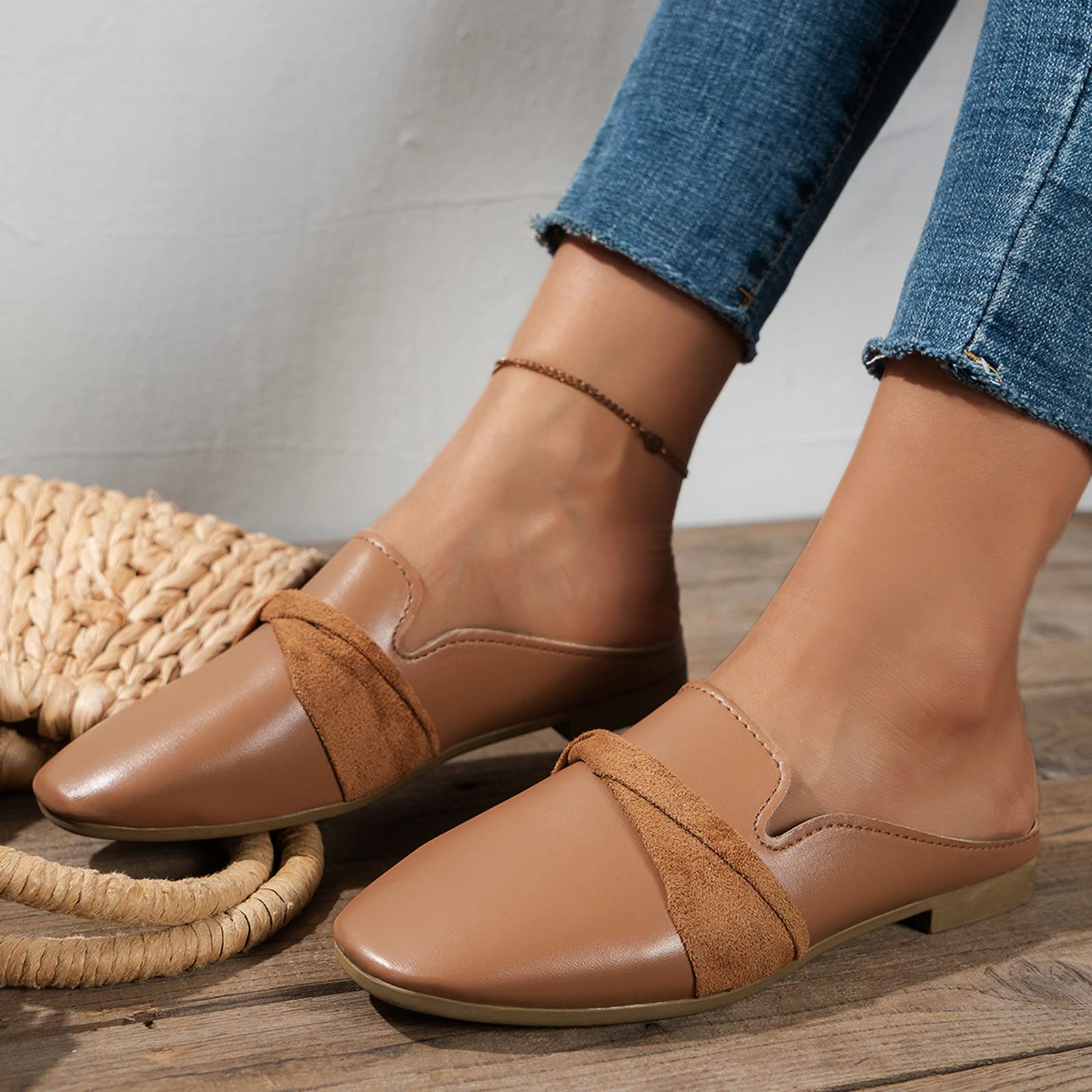 Ladies Fashion Solid Color Leather Round Head Half Slippers Flat Comfortable Casual Casual Shoes for Women with Heel Brown