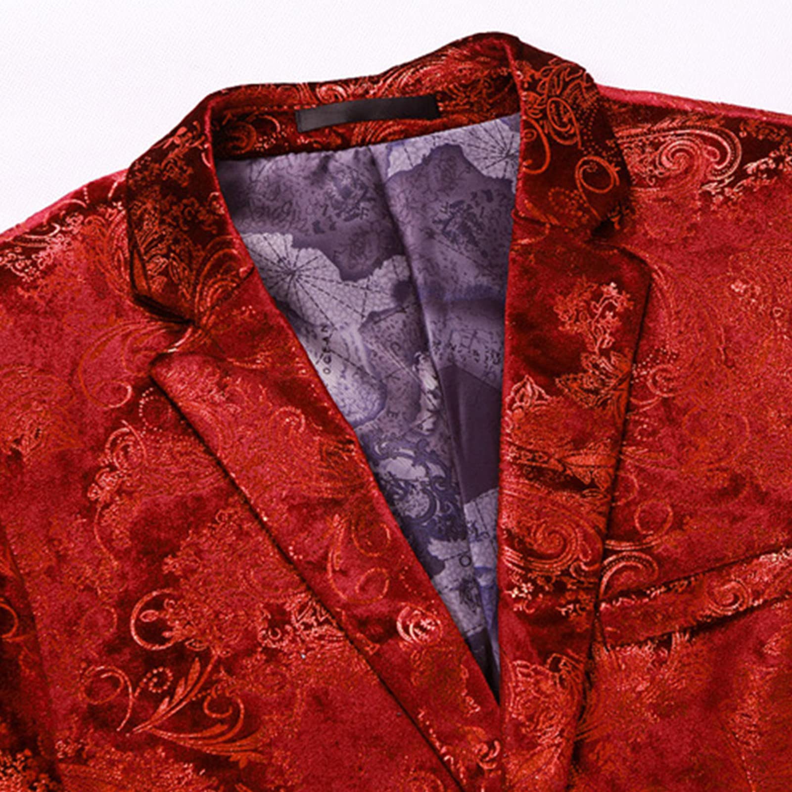 Men Luxury Floral Dress Suit Velvet Stylish Wedding Blazer Jacket 2 Button Jacquard Party Prom Sport Coat Tuxedo (Red,XX-Large)