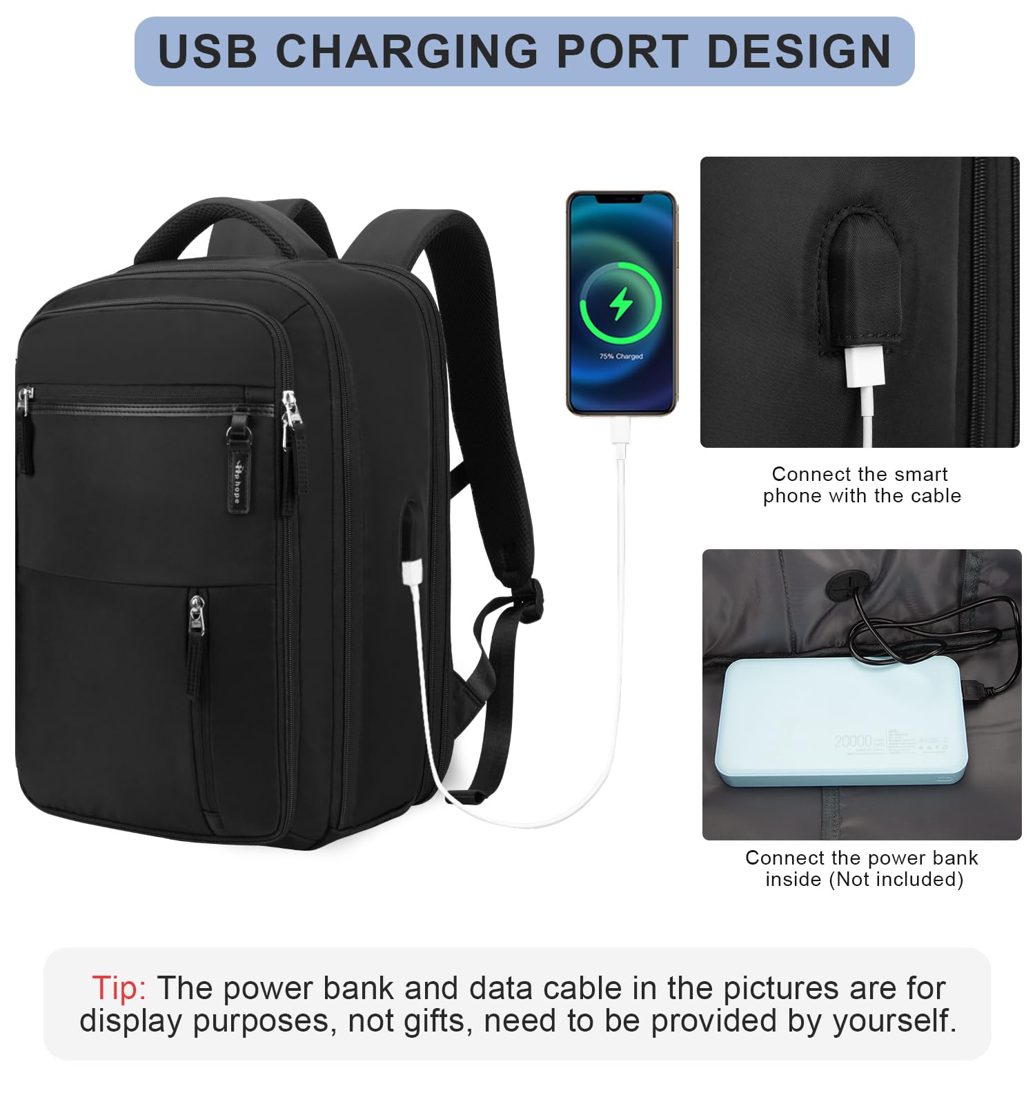 Hp hope Travel Backpack for Women Men, Expandable Airline Approved Carry On Backpack Flight Approved, Waterproof Hiking Weekender Backpack with USB Charging Port & Shoes Compartment, Black
