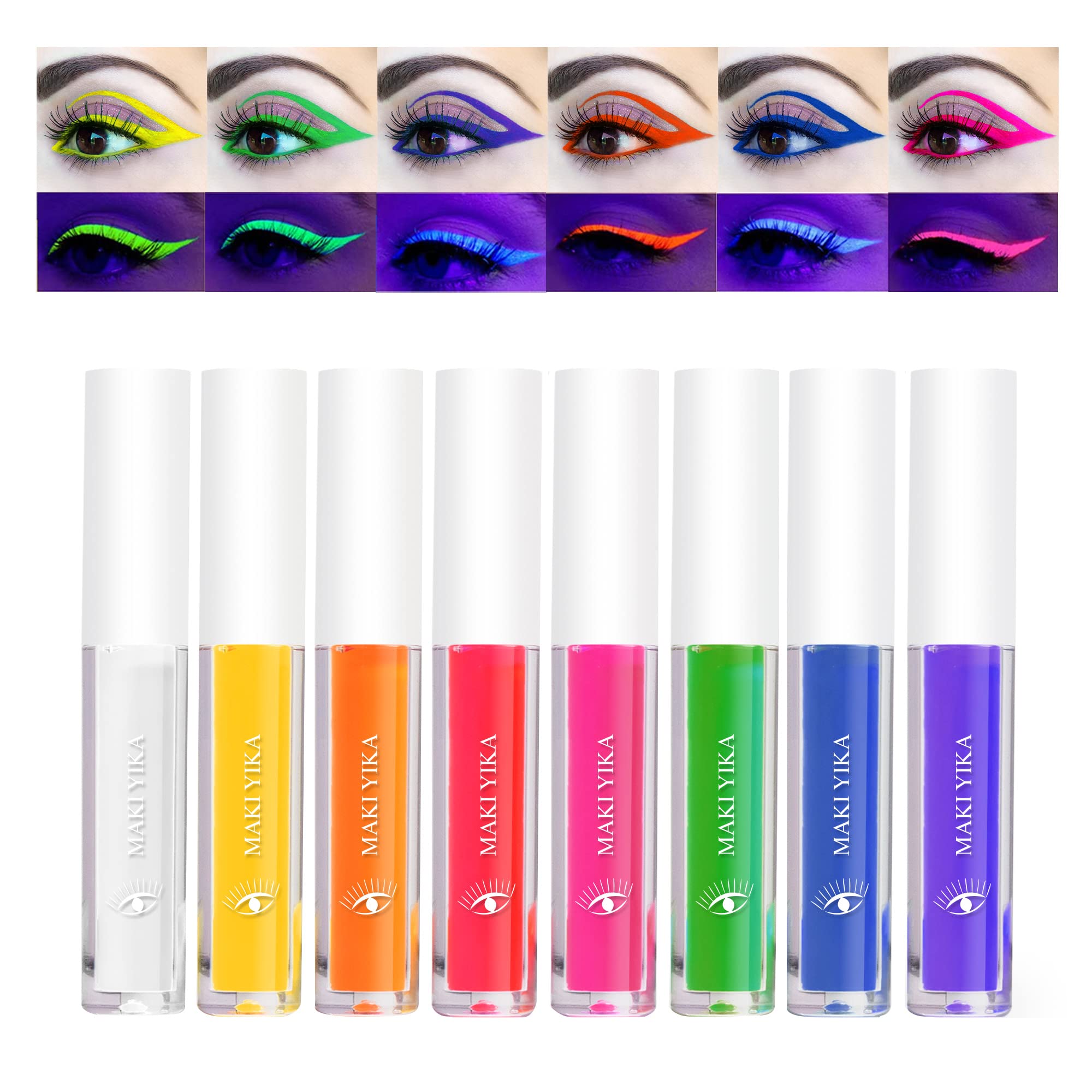 MAKI YIKA 8 Colors Neon Liquid Eyeliner Set, UV Glow Matte Eyeliner 0.17oz, Colorful Eye Liner Gel, Pigmented Long Lasting Waterproof Eyes Makeup (Multicolor)