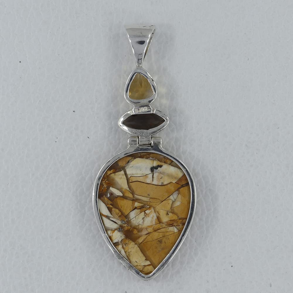 Jaipur Silver Jewels - Brecciated Mookaite Jasper, Smoky Quartz, Citrine Pendant, Gift Jewelry