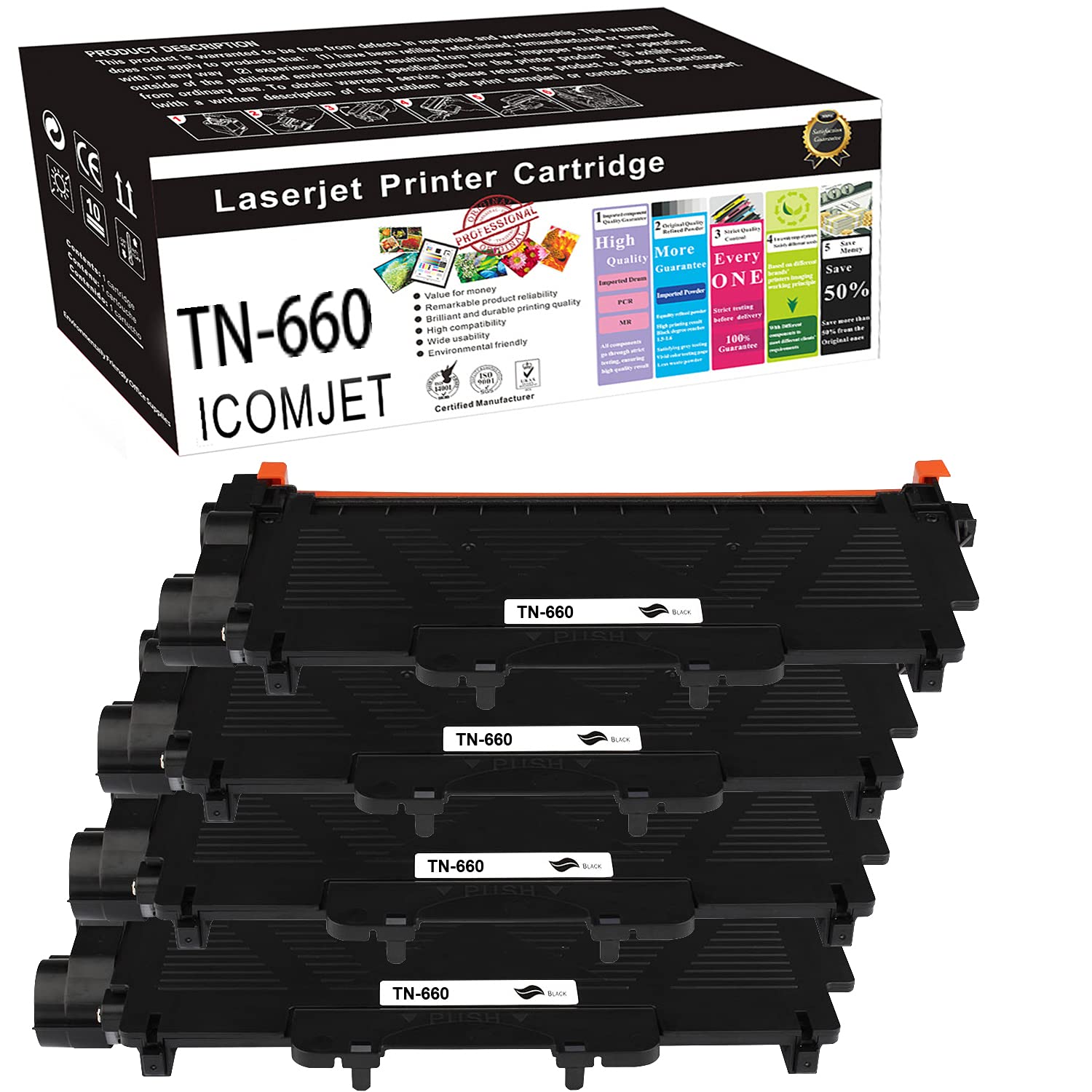 ICOMJET 4Pack Compatible Toner Cartridge Replacement for Brother TN660 TN630 use for Brother DCP-L2540DW HL-L2340DW HL-L2300D HL-L2380DW HL-2320D MFC-L2700DW MFC-L2680W MFC-L2740DW (Black)