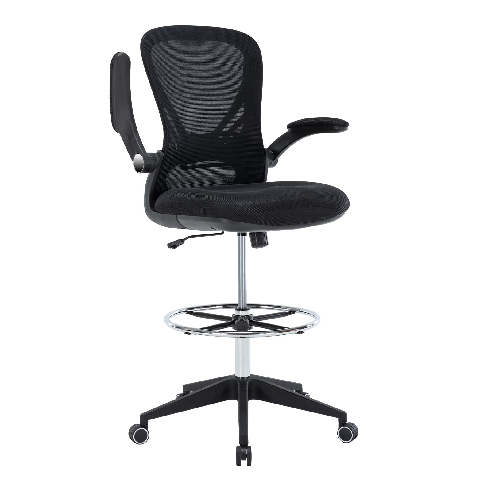 Hramk Drafting Chair, Tall Office Chair with Flip-up Arms, Mid Back Standing Desk Chair with Adjustable Foot Rest (Black)
