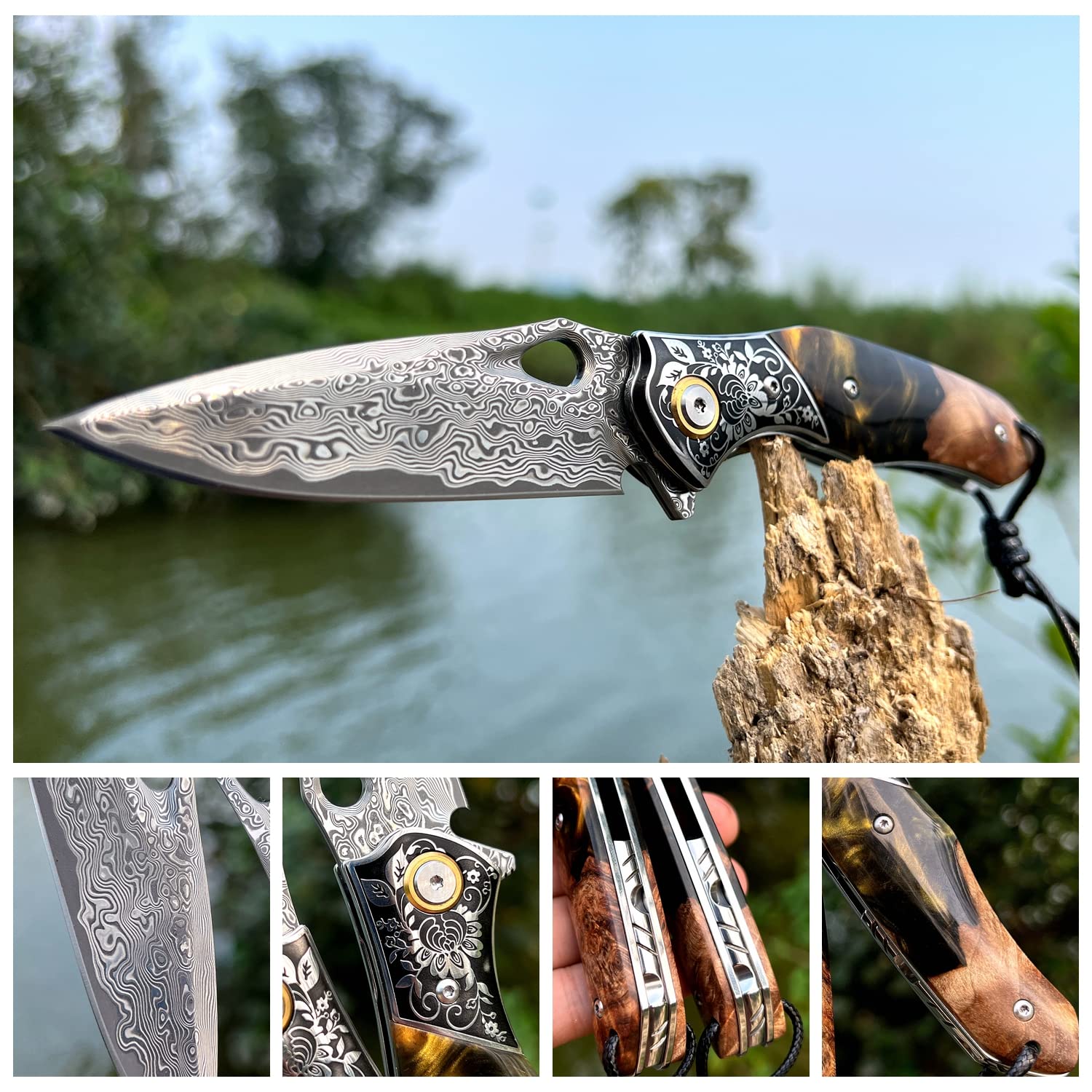 Minowe handmade Japan Damascus steel pocket knife,3.1" VG10 blade men and women Folding knife,With holster,Lining lock,resin and Maple handle,Suitable for EDC outdoor camping,go fishing hunting