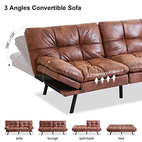 Maxspeed Leather Futon Sofa Bed,Convertible Memory Foam Couch Bed,Modern Loveseat with Covertible Armrests for RV Car Living Room&Bedroom Small Space(Brown)