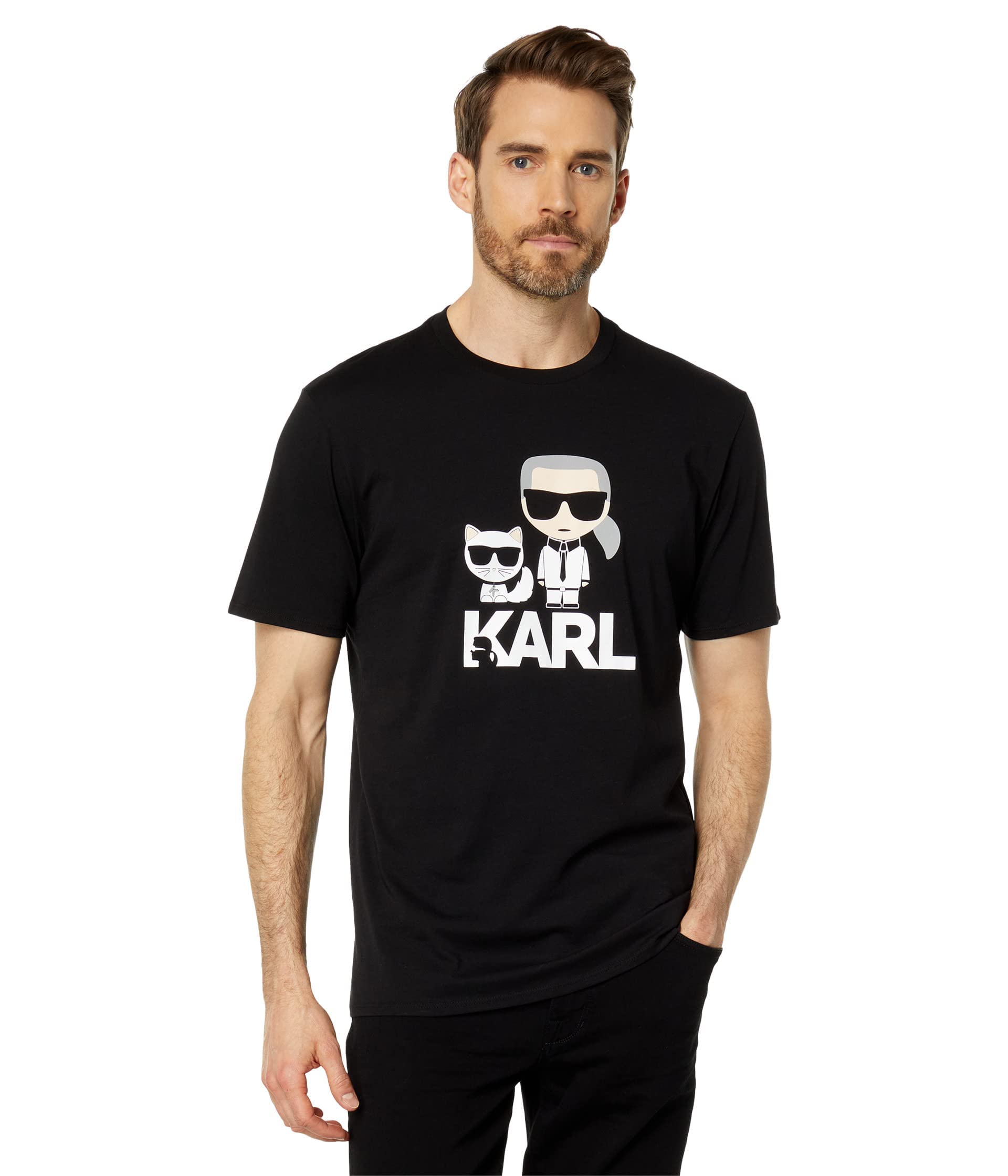 Karl Lagerfeld Paris Men's Flat Head Karl & Choupette Crew Neck T-Shirt, Black, Medium