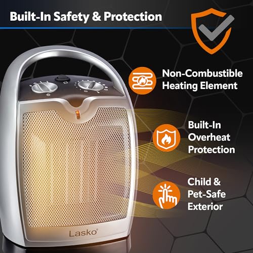 Lasko Oscillating Ceramic Tabletop Space Heater for Home with Adjustable Thermostat, Carrying Handle, 2 Speeds and Fan Only Mode, 11.6 Inches, Silver, 5409
