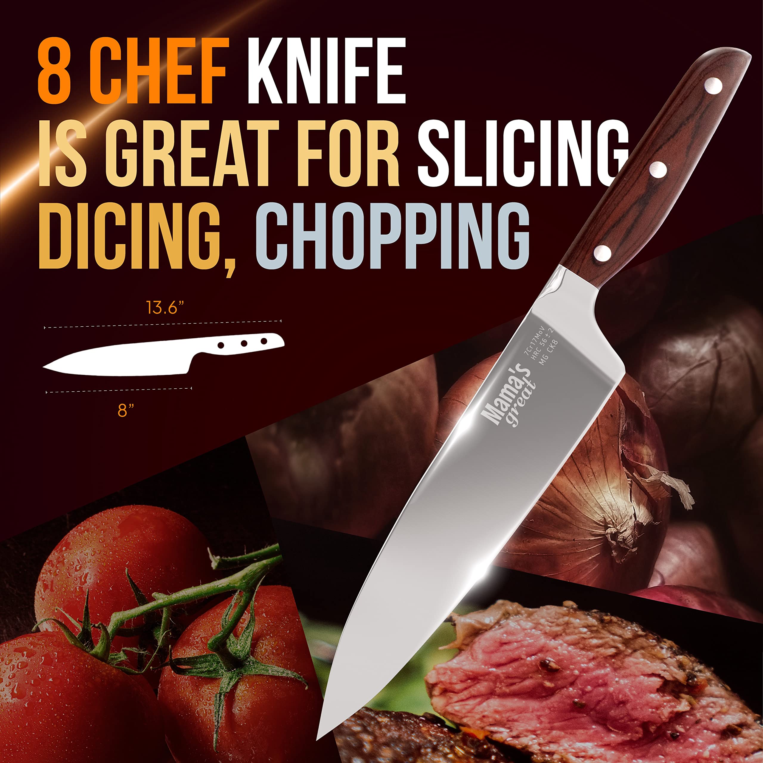 Mama's Great 8 Inch Chef Knife. Razor Sharp Full Tang Blade & Ergonomic Pakkawood Handle. Professional Chef Knife For Daily Cooking, Mincing, Slicing And Dicing. Comes In A Giftable Box.