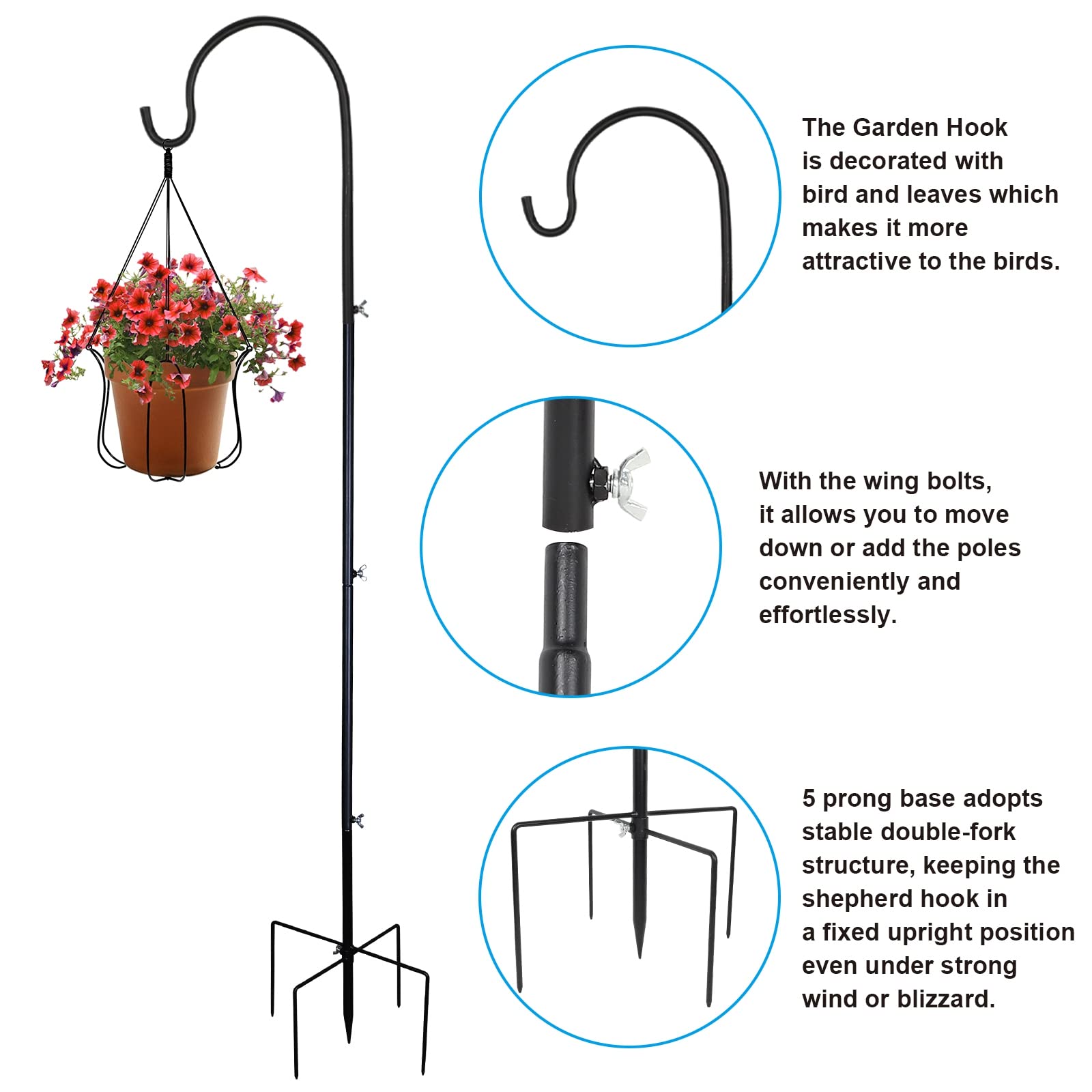MorTime 2 Pack Outdoor Shepherd Hooks, 77 inches Heavy Duty Extendable Metal Garden Hanger Stake Pole with 5 Prong Base for Plants Bird Feeders Wedding Decor Lanterns Wind Chimes