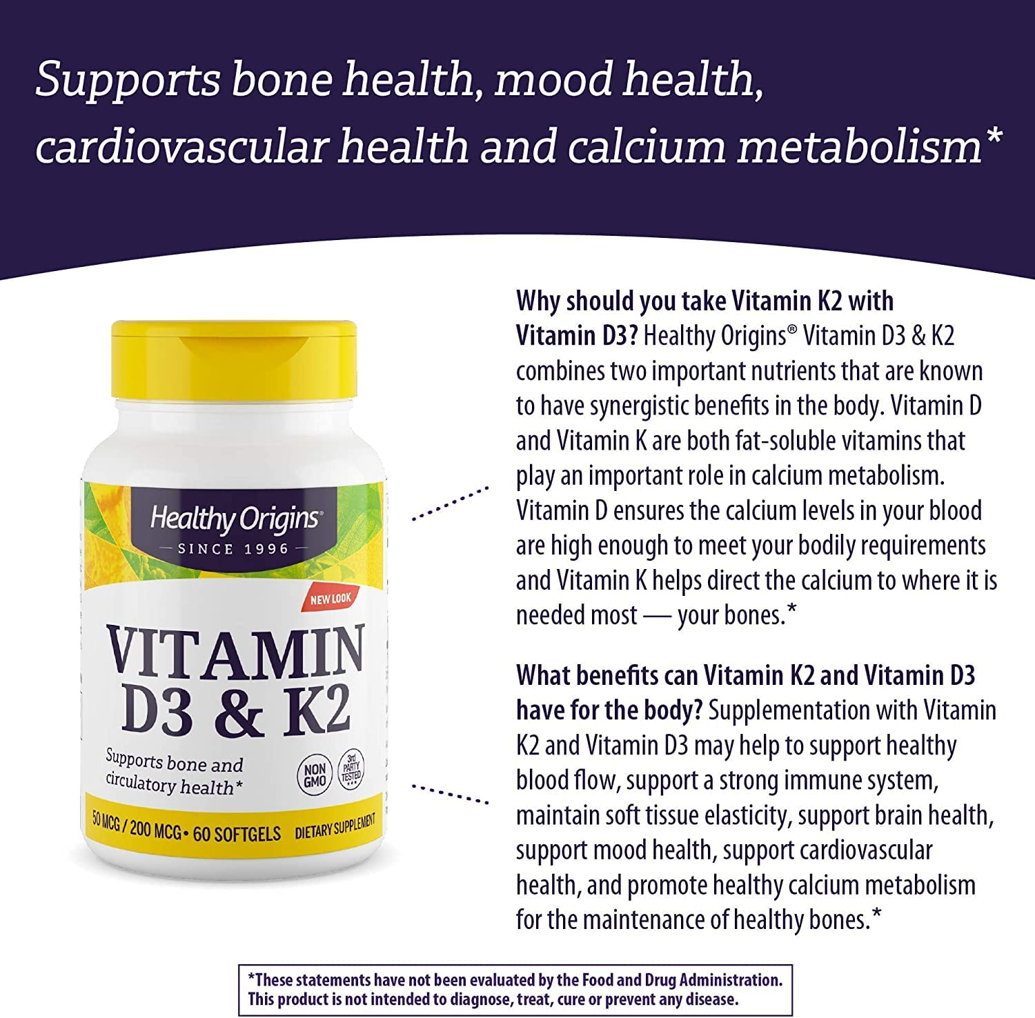 Healthy Origins Vitamin D3 & K2 - Vitamin D3, 50 mcg - Vitamin K2, 200 mcg - Easily Absorbable Vitamin D & Vitamin K Supplements - Non-GMO & Gluten-Free Supplements - 180 Softgels