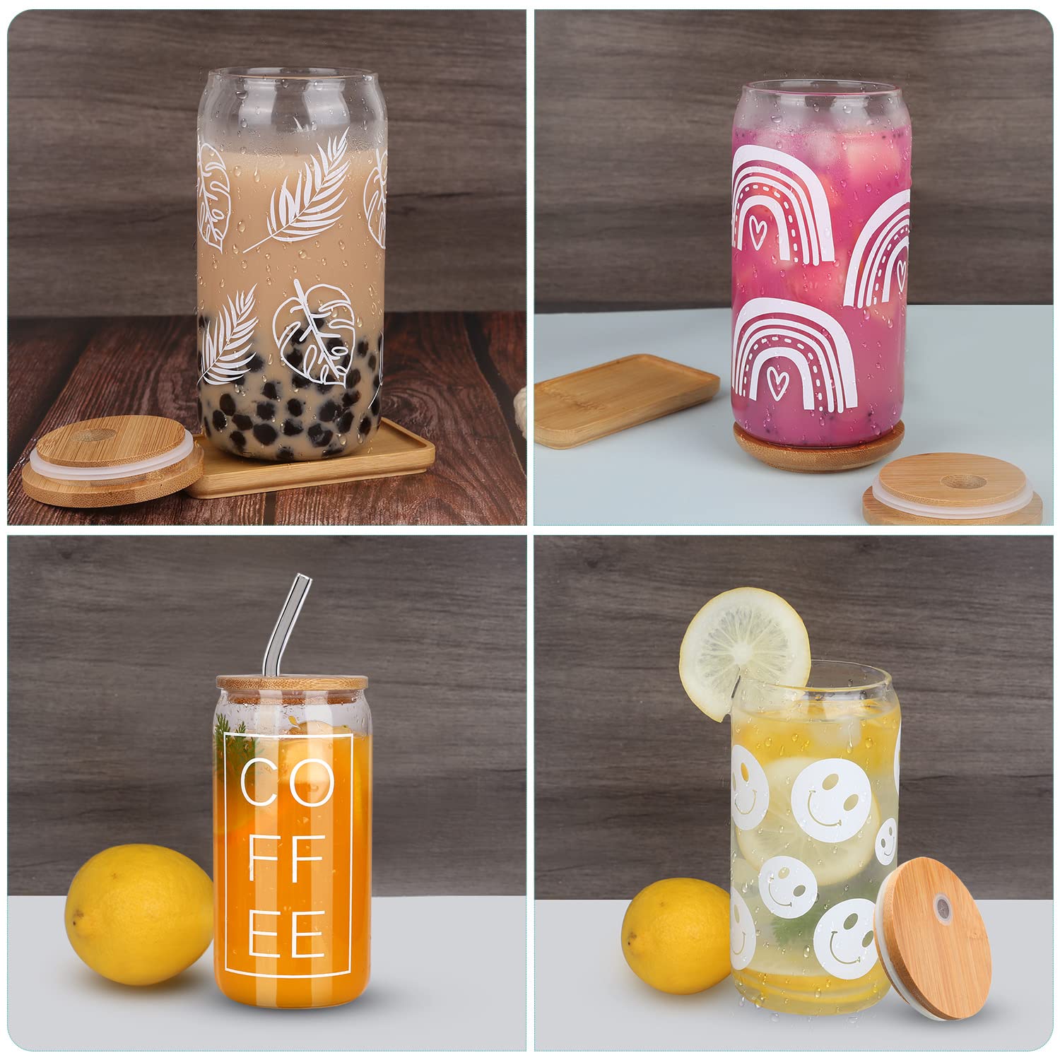 KAUND Ice Coffee Cup with Bamboo Lids and Glass Straw,16oz Sublimation Boho Printed Beer Can Glasses,Ideal for Cocktails,Whiskey,Beer,Soda and Gifts(C01-rainbow
