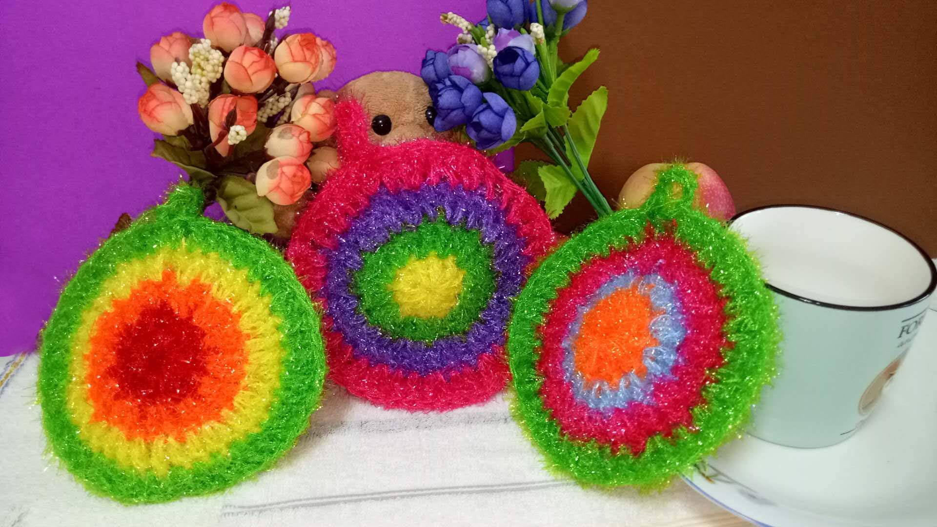 JC1927 Decorative Dish Scrubber Non Scratch Cleaning Pad Cute Dish Net Clothes for Kitchen Washing Dishes Cleaning Net 3 Pack
