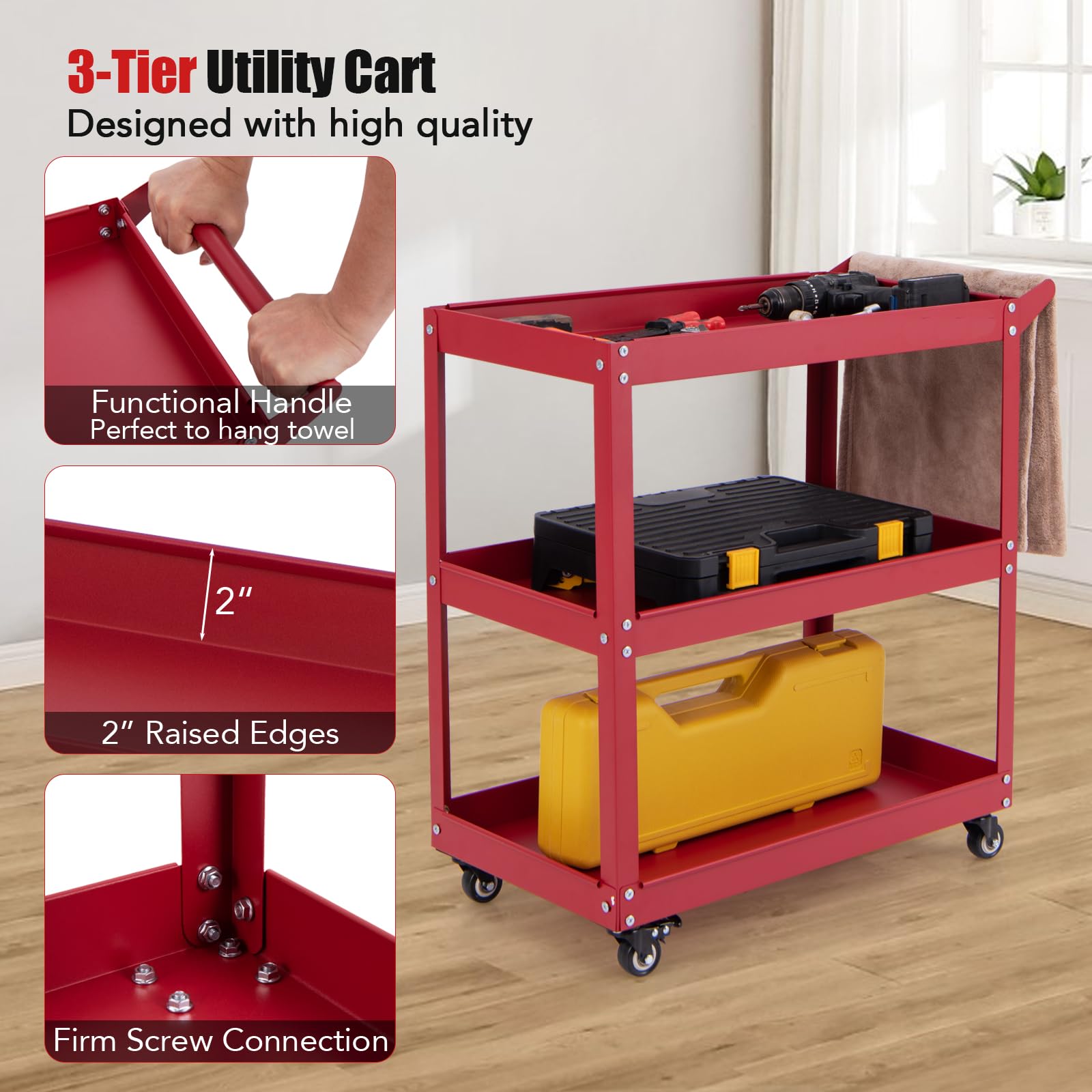 JIMUOO Utility Service Cart, Steel 3 Tier Rolling Tool Cart on Wheels, Commercial Push Carts with Handle, Metal Work Cart for Garage Mechanic Kitchen Office Warehouse Restaurant, 330 Lbs Capacity
