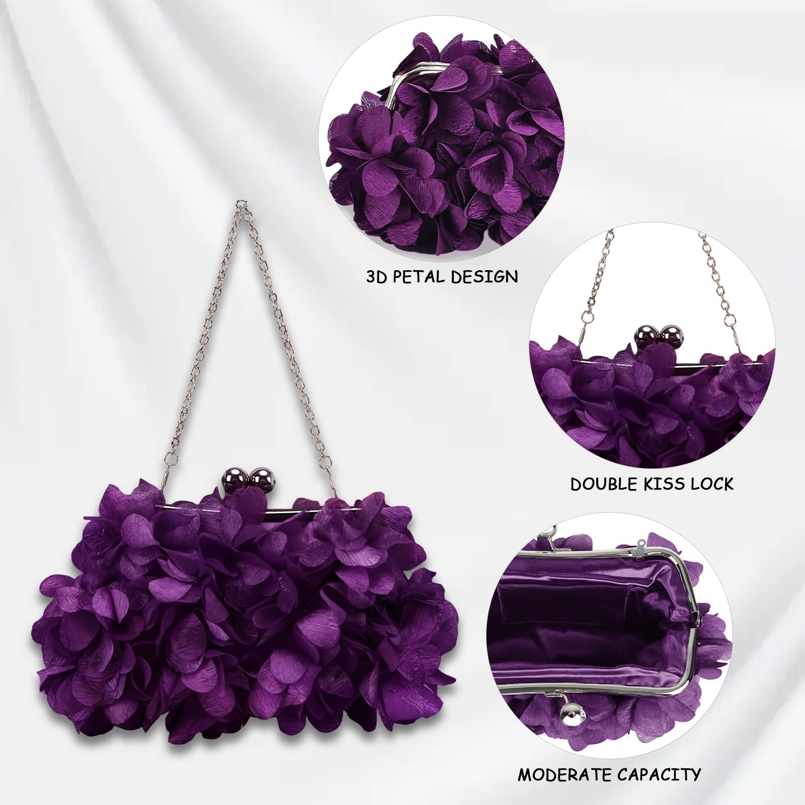 JAMBHALA Mini Women Clutch Evening Bag Small Floral Purses with Chain for Wedding, Party, Prom, Purple