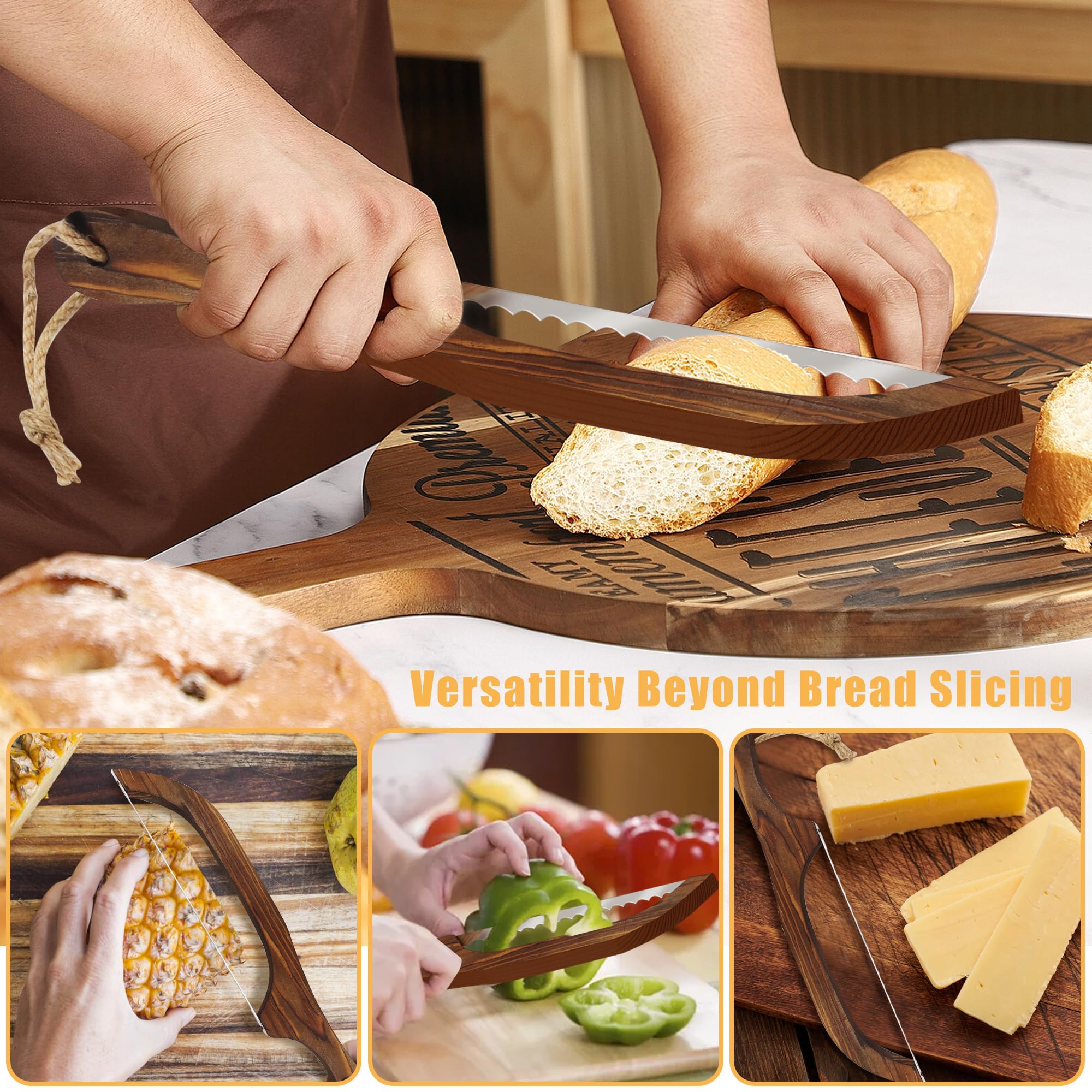 RIJIAKESEN Bread Knife, Sourdough Bread Slicer for Homemade Bread, Wooden Bow Design by Baker and Stainless Steel for Easy Cutting,Multipurpose Bread Cutter.