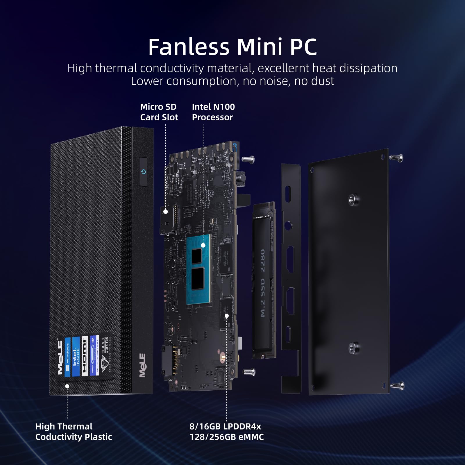 MeLE Quieter3C Fanless Mini PC Windows 11 Pro 8GB DDR4 128GB ROM Slim Desktop PC Celeron N5105(up to 2.9GHz) Micro Computer USB-C Dual HDMI 4K, VESA Mount, WiFi 6, BT5.2 Office PC