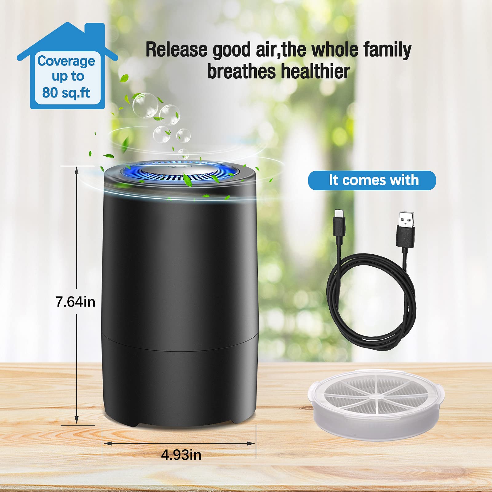 MELEDEN Air Purifier for Home with True HEPA Filters,Low Noise Portable Air Purifiers with Night Light,Desktop USB Air Cleaner