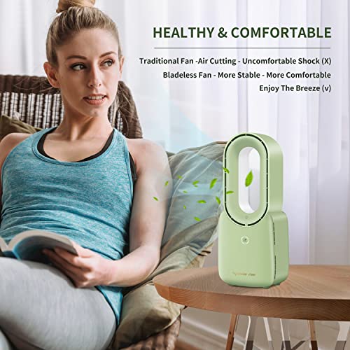 Misby Desk Fan, Portable Bladeless Fan 11.8 inch Personal Cooling Fan with 4 Speeds, Leafless 5 Colors LED Lights Touch Control Small Quiet Table Fans For Home, Bedroom, Office(Green)