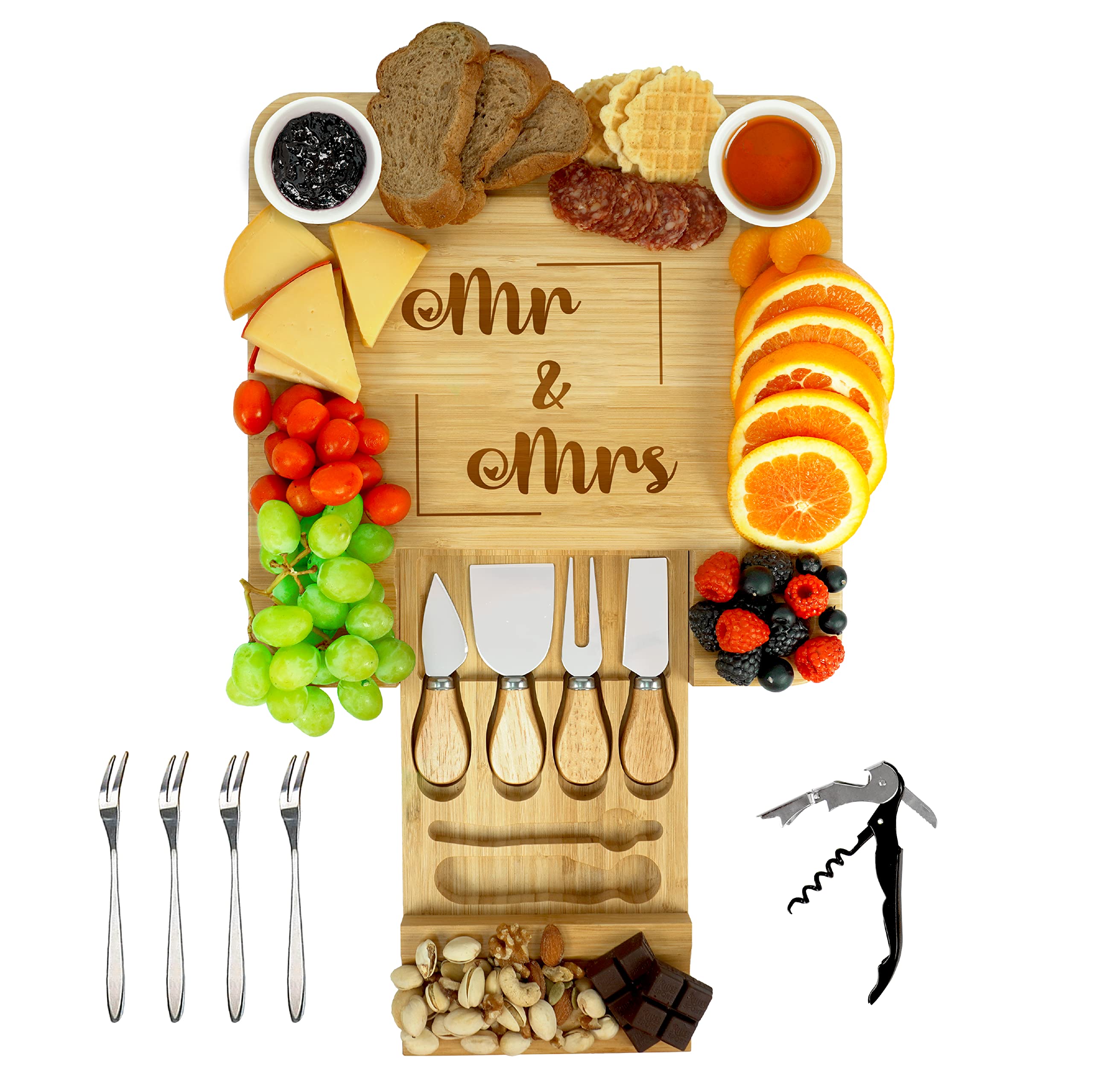 KITCHENVOY Mr. & Mrs. Bamboo Charcuterie Board Engaged Gift Set - Cheese Serving Tray Charcuterie Boards Platter Engagement Gifts for Newlywed Couples - Cheese Board Christmas Just Married Present