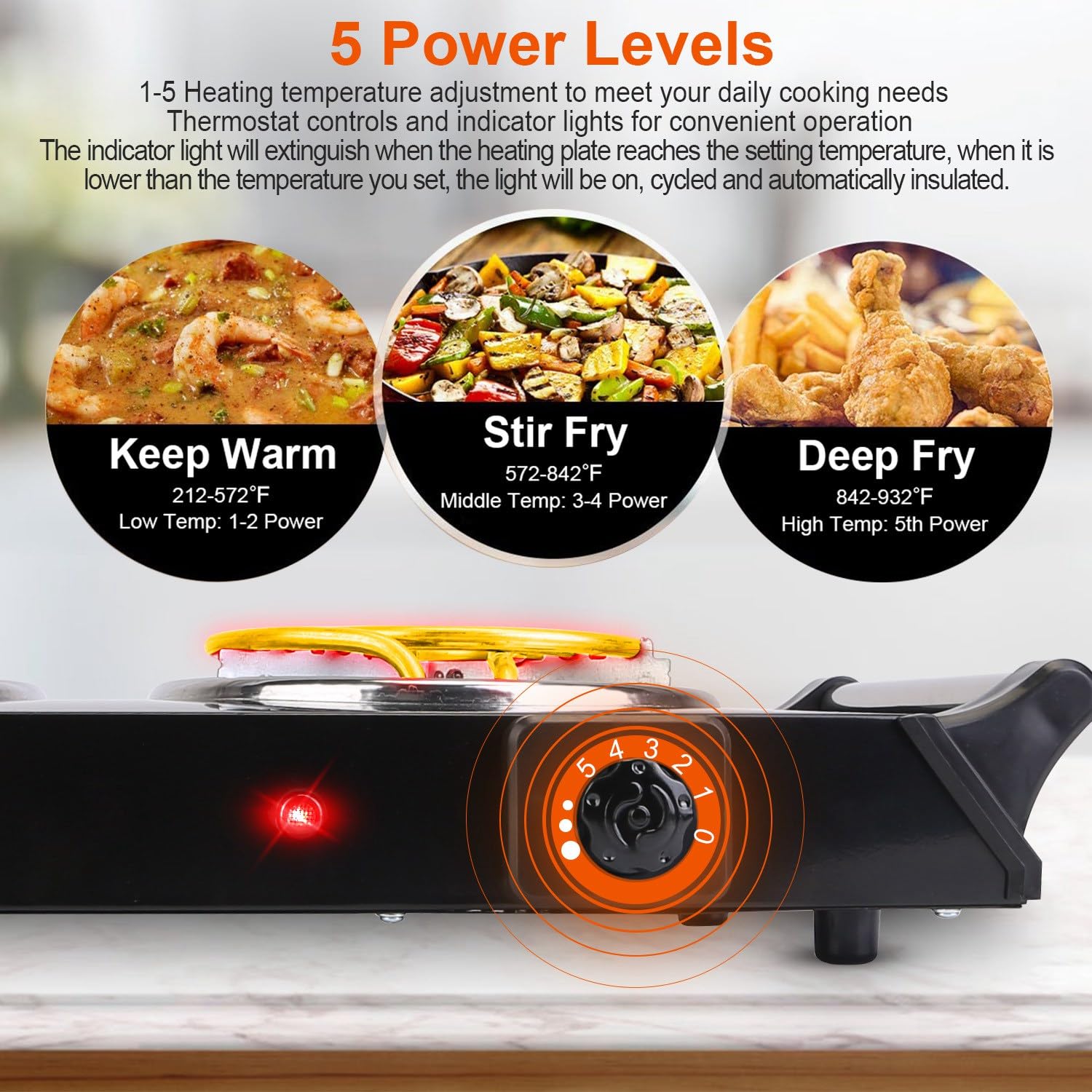Hot Plate, 2000W Portable Electric Double Burner W/5 Level Temperature Control & Stay Cool Handles, Easy to Clean, Lightweight Cast Iron Electric Stove for Kitchen Camping Cooking, 110V