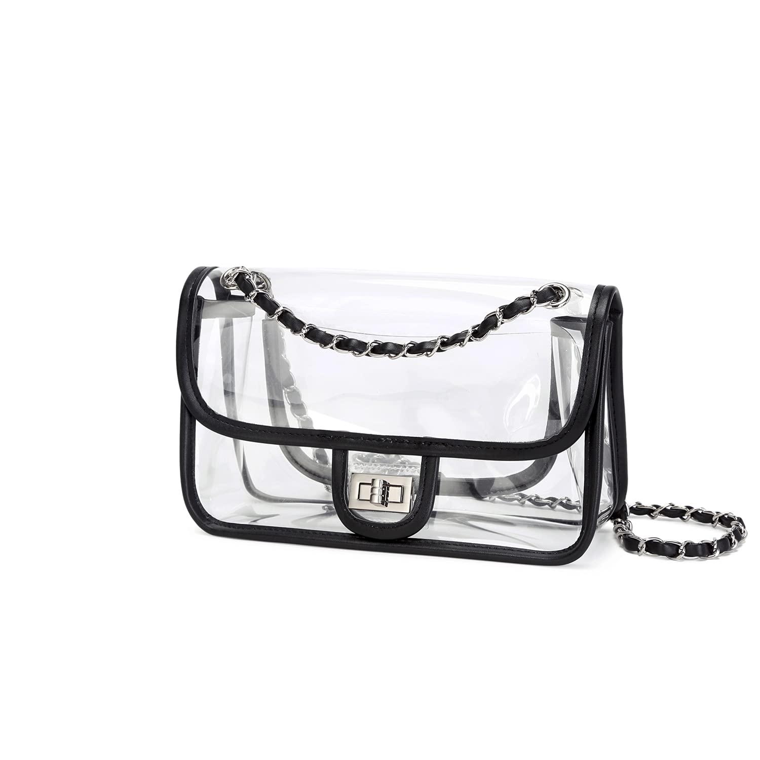 LAM GALLERY Womens PVC Clear Purse Handbag with Chain Stadium Approved Clear Bag See Through Bag for Working and Concert (Black Gold Large)