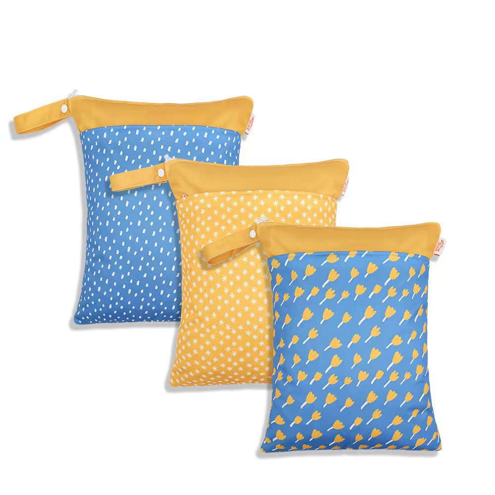 KKTAPOS Wet Dry Bags for Baby Cloth Diapers - Waterproof Reusable Washable Travel Bags, Gym Bag, Pool, Daycare Soiled Baby Items Yoga Gym Bag for Swimsuits & Wet Clothes 3pcs/setļ¼Blue&Flower