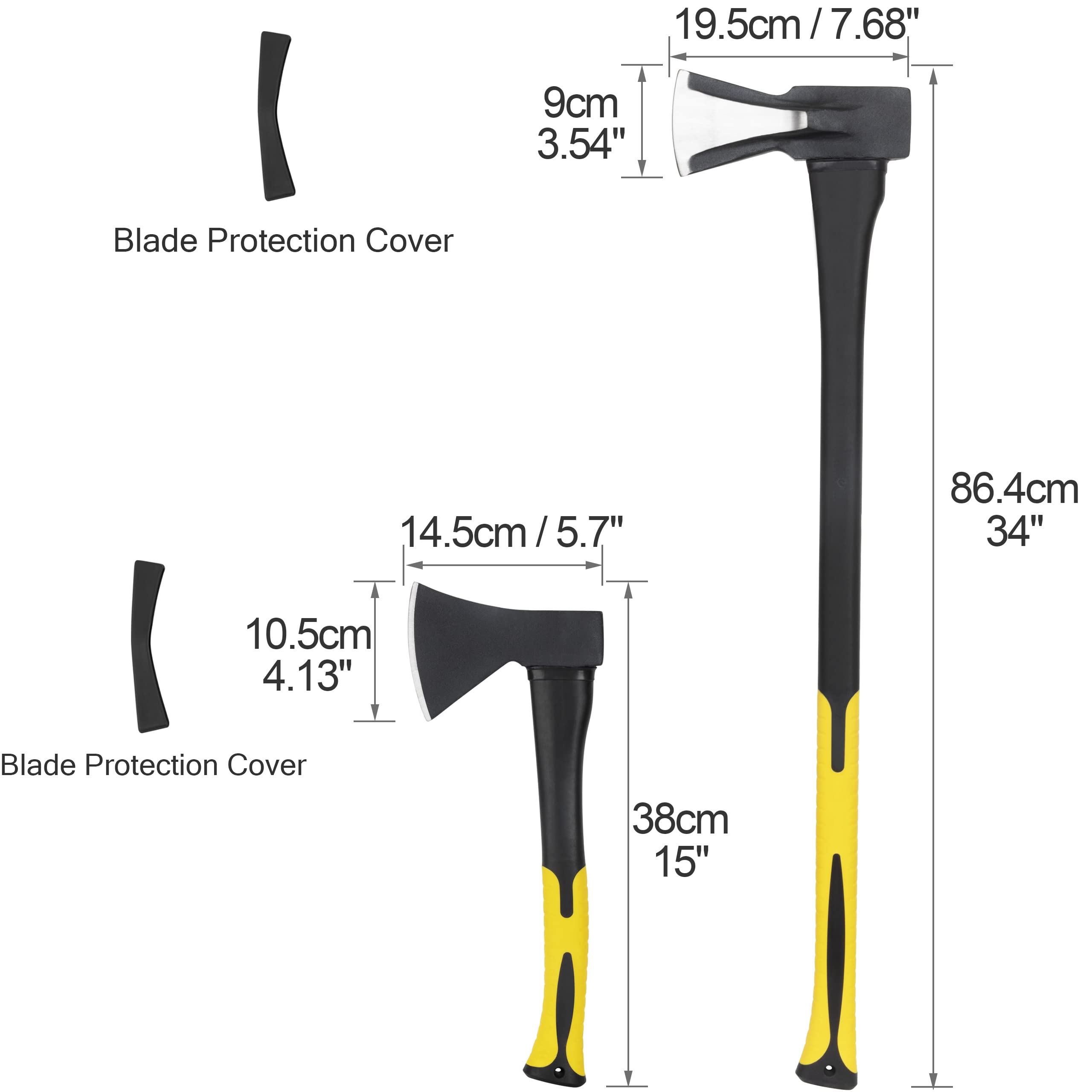 KURUI Wood Splitting Axe and Hatchet Set, 15β Camping Hatchet & 34β Chopping Axe for Cutting and Felling, Long Handle Splitter Axe with Shock-Absorbent Fiber Glass Anti-Slip Handle and Blade Sheath