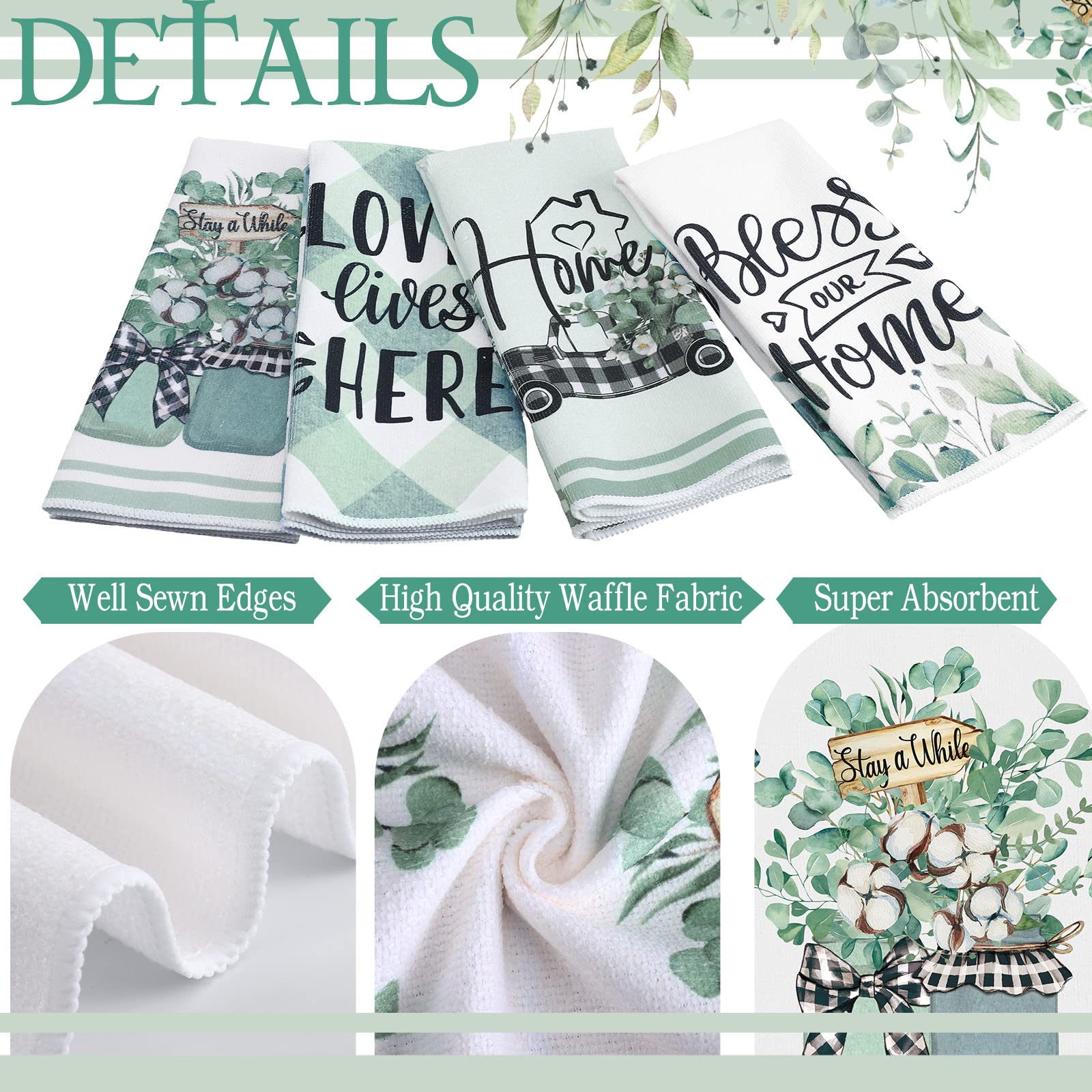 Kajaia 6 Pcs Spring Kitchen Towels Eucalyptus Leaves Hand Towels 15.7 x 23.6 Inch Summer Green Dish Towel Farmhouse Absorbent Decorative Tea Towels Dishcloths for Home Bathroom Decor Housewarming Gift