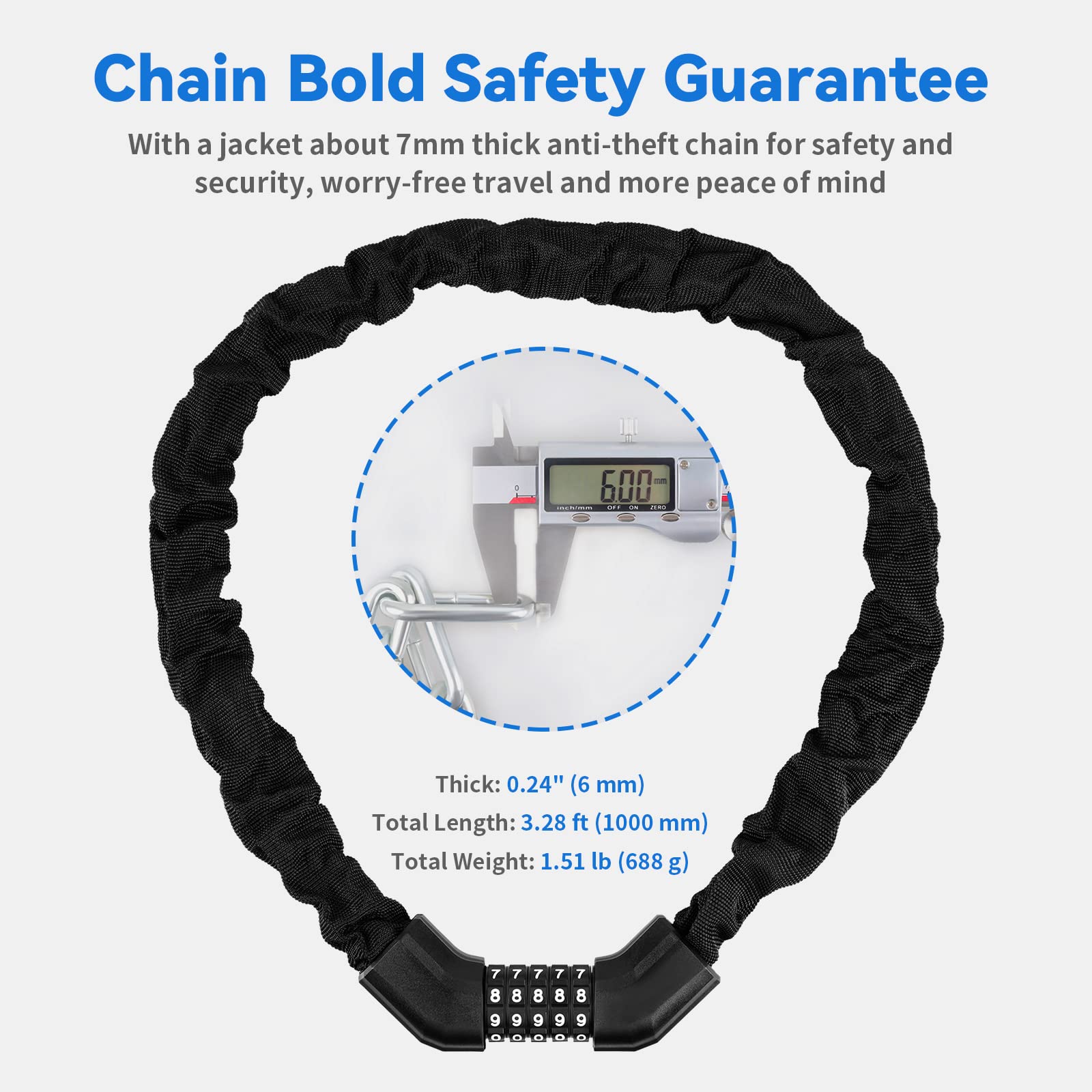 KJNJF0 3.28ft Heavy Duty Anti-Theft Bike Chain Lock with 5 Digit Combination Code,Resettable Chain Lock for Bicycles,Motorcycles,Scooters and Gates,Black