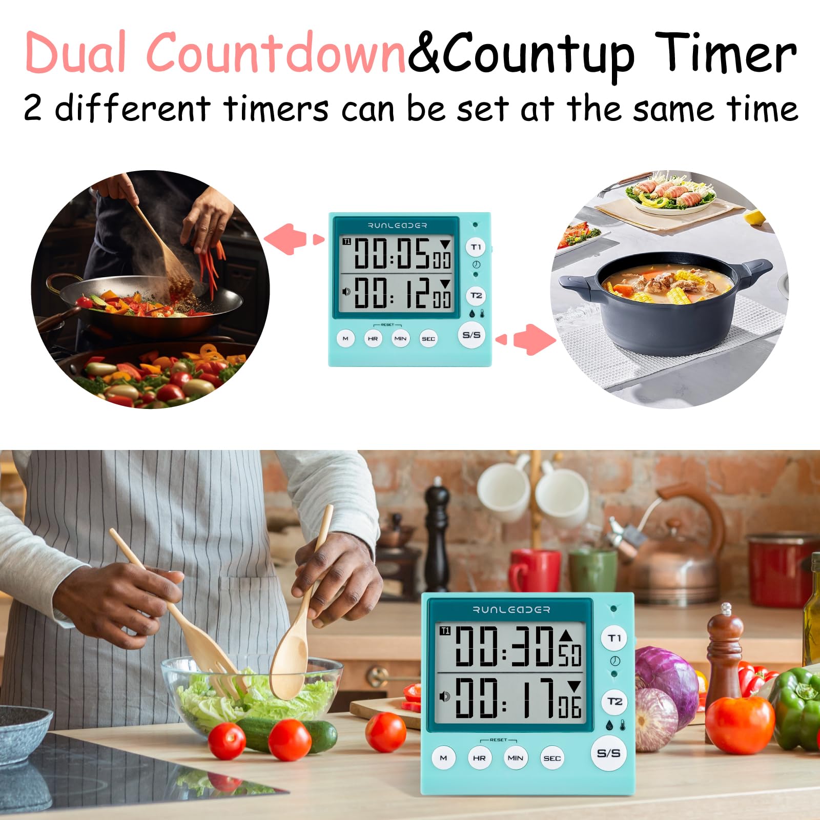 Jayron KT002A 2-Channel Kitchen Timer Magnetic Countdown Timer Clock Temperature and Humidity Meter Digital Minute/Second Timer Desk Clock for Elderly Kids(Blue)