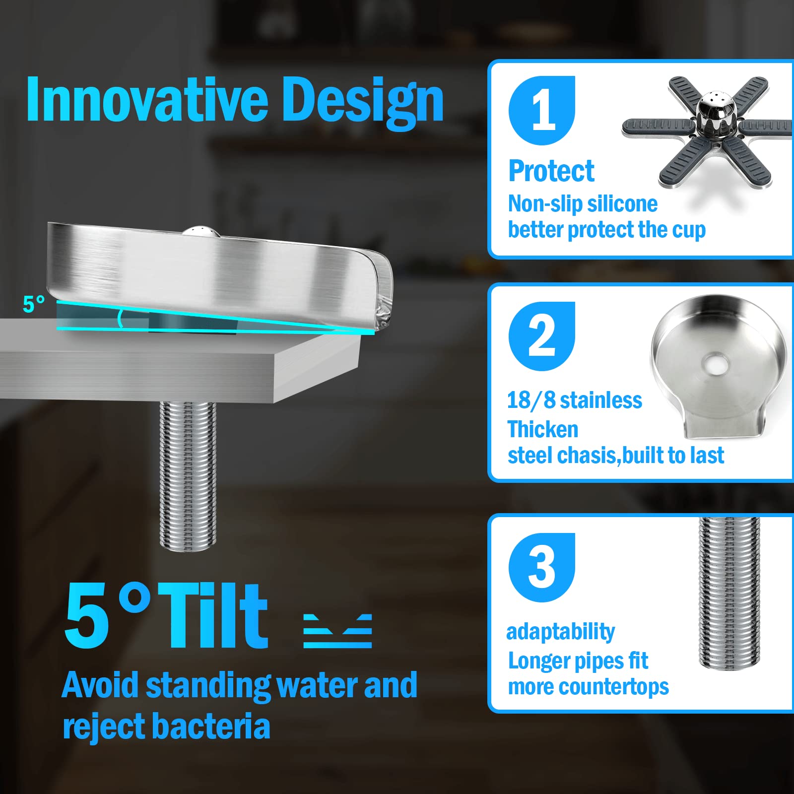 INKULEER latest design, Metal Glass rinser for kitchen sink, Glass rinser, Kitchen gadgets, Bottle washer, 18/8Stainless steel, Cup washer sink, The water column rotates 360°(Brushed)