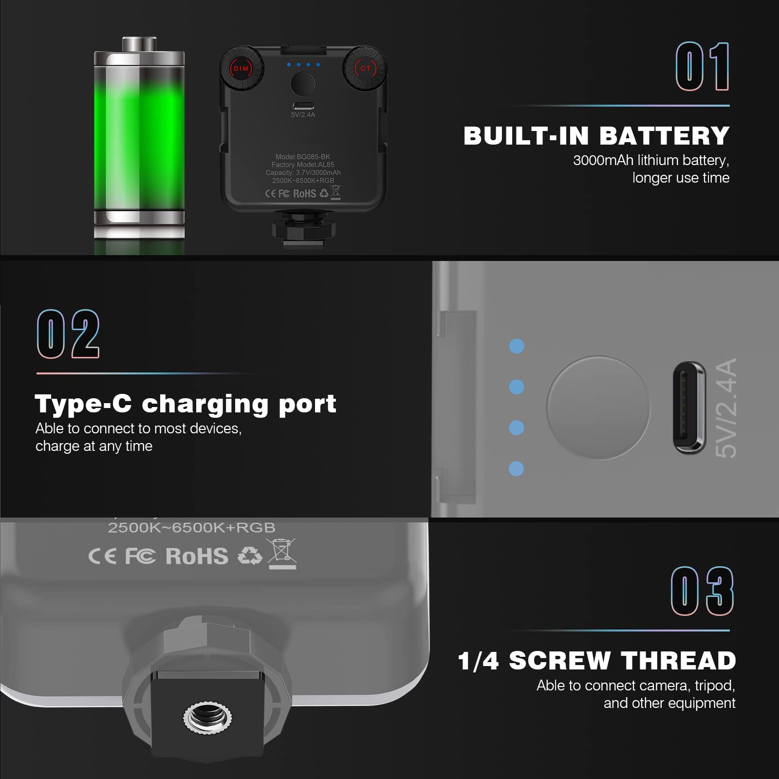 LED Video Light, Rechargeable RGB Flashes with 3000mAh Battery, Dimmable Video Conferencing Light Kit with Clip and Tripod, Hot & Cold Light for Makeup, Live Streaming, Selfie, Vlogging