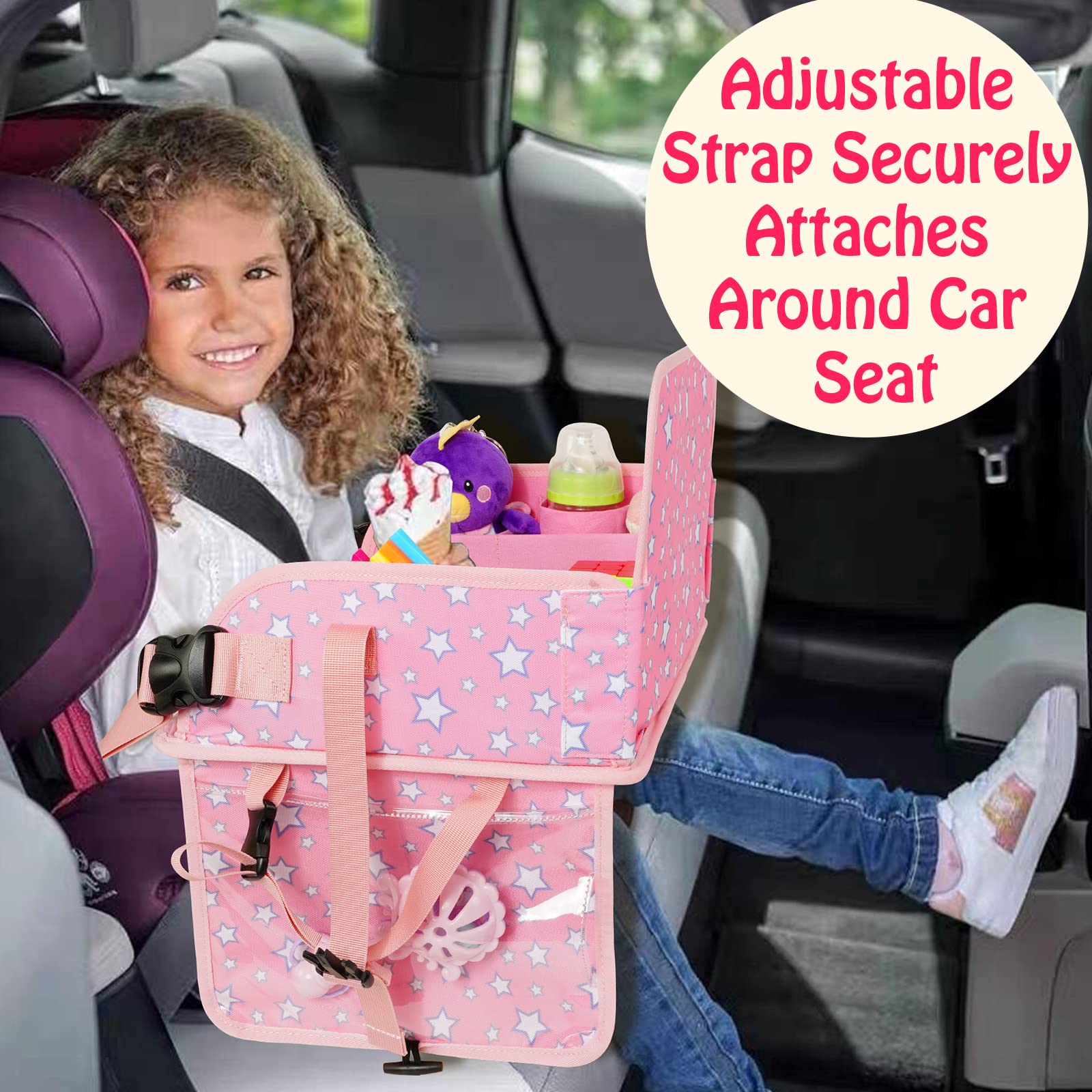 MENZOKE Pink & Black Kids Travel Tray Bundle,2 In 1 Backseat Car Organizer for Little KIds with Educational Drawing Board,Tablet Holder&Cooler Cup Holder, Car Seat Tray for Kid Travel, Birthday Gifts