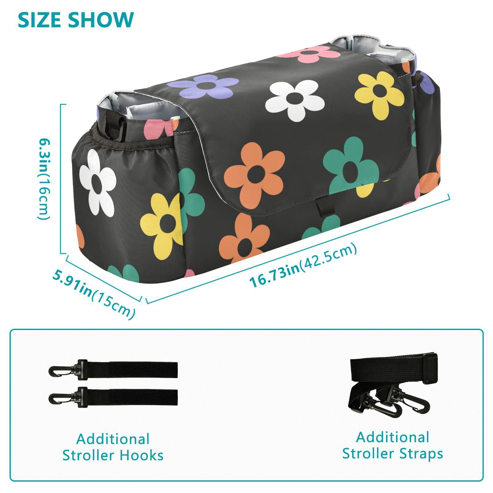 Kigai Colorful Flowers Baby Stroller Organizer with Cup Holders, Secure Hooks Accessories Adjustable Strap Stroller Bag for Bottle, Diaper, Phone, Toys, Baby Items