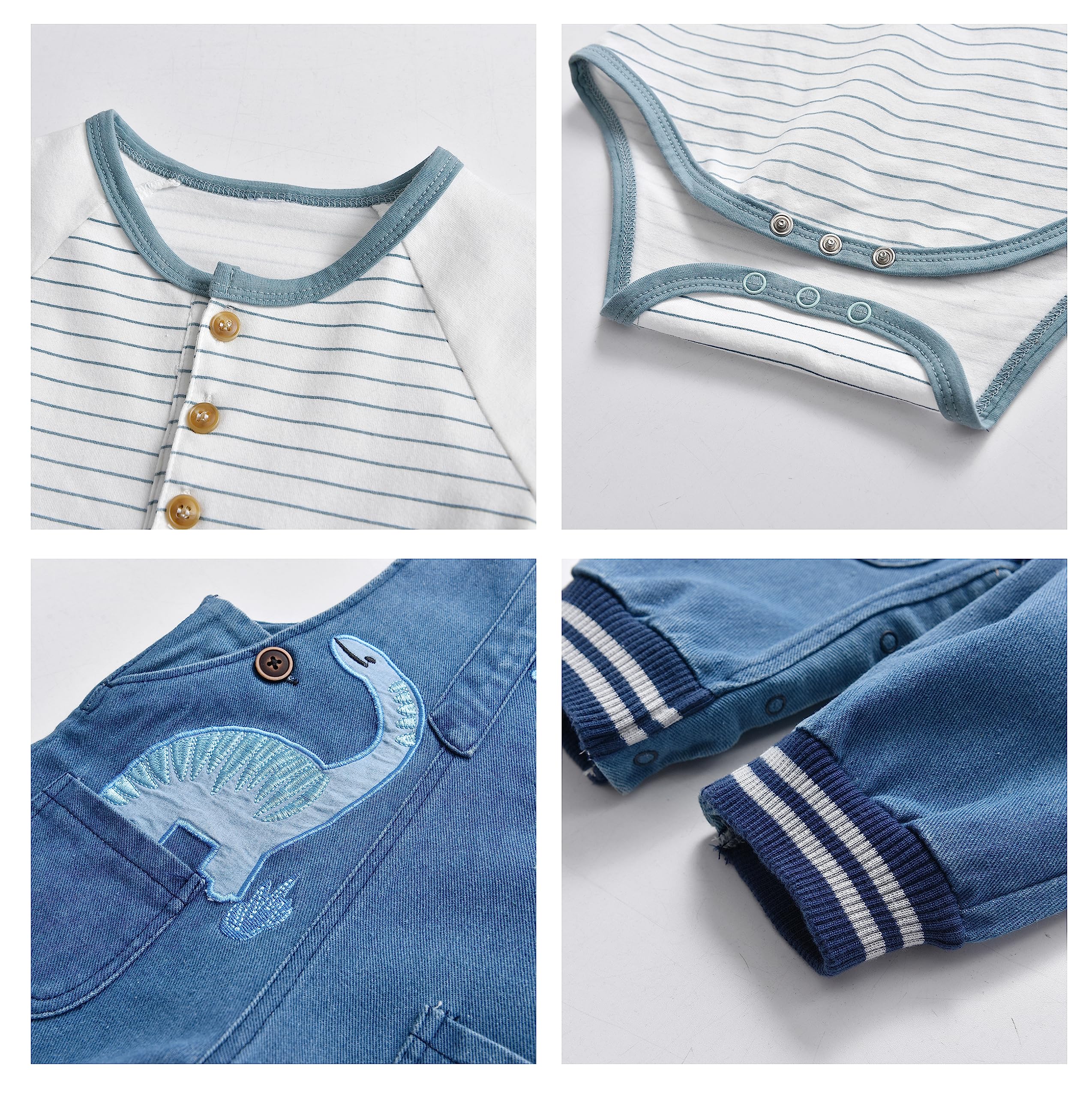 LvYinLi Baby Boy Clothes Set Infant Boy's Long Sleeve Romper+Dinosaur Denim Overalls Toddler Boys Fall Winter Outfits (Blue, 0-6 months)