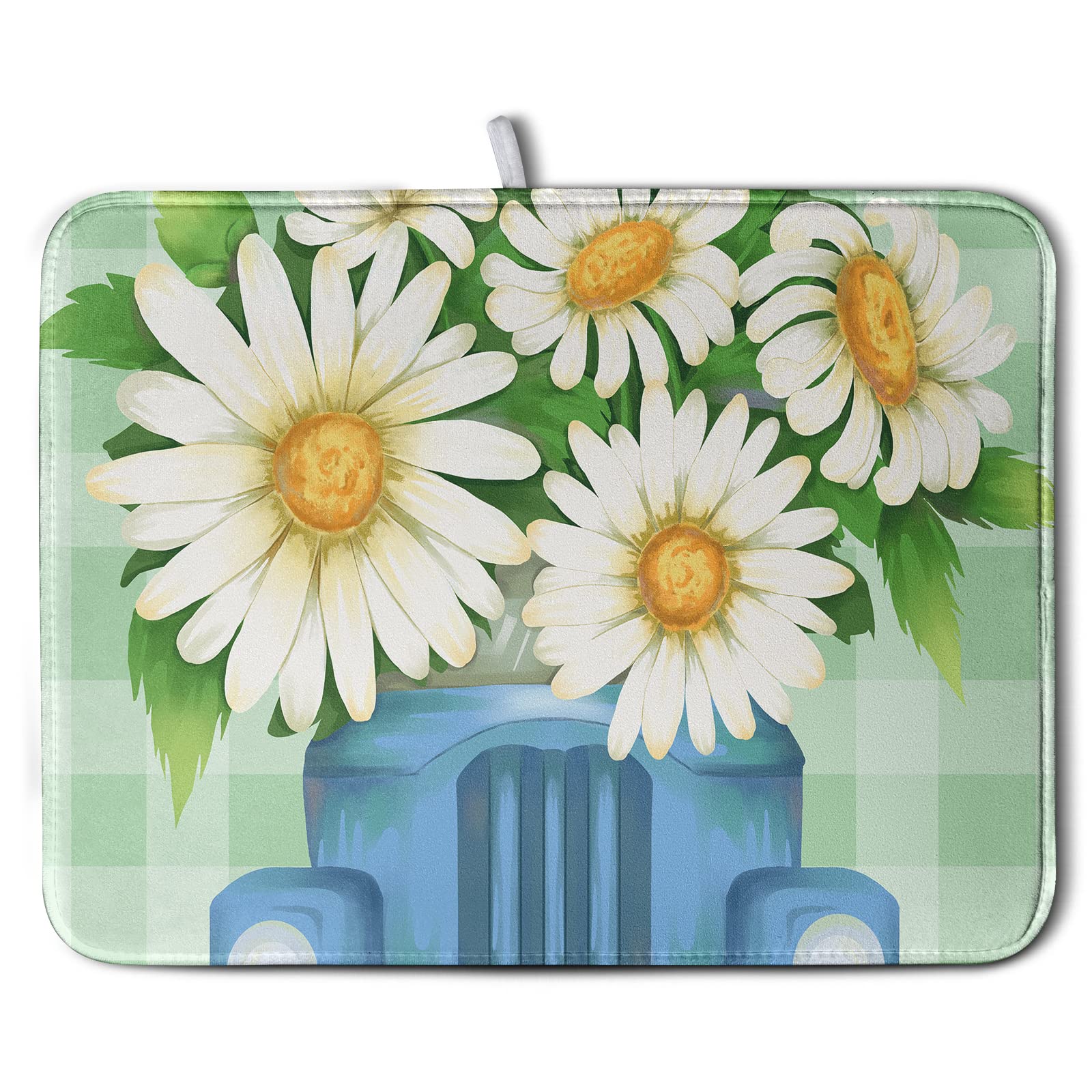 Kwlegh Daisy Dish Drying Mat for Kitchen Counter White Flowers Dish Mat Blue Truck Dish Mat Drying Kitchen Mat Reversible Microfiber Absorbent Coffee Bar Mat for Sinks Dining Table 16x18 Inch