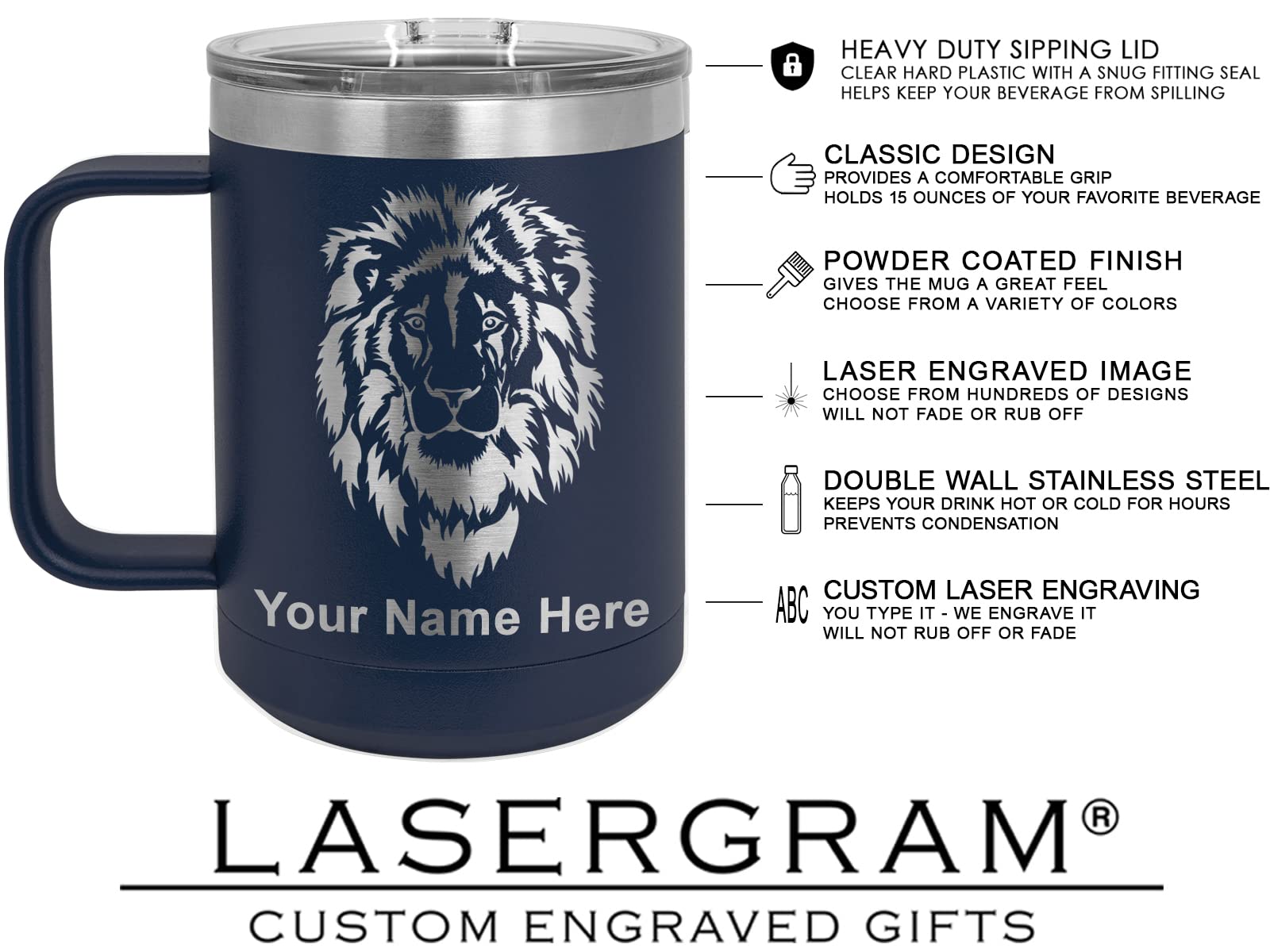 LaserGram 15oz Vacuum Insulated Coffee Mug, Cricket Player, Personalized Engraving Included (Navy Blue)