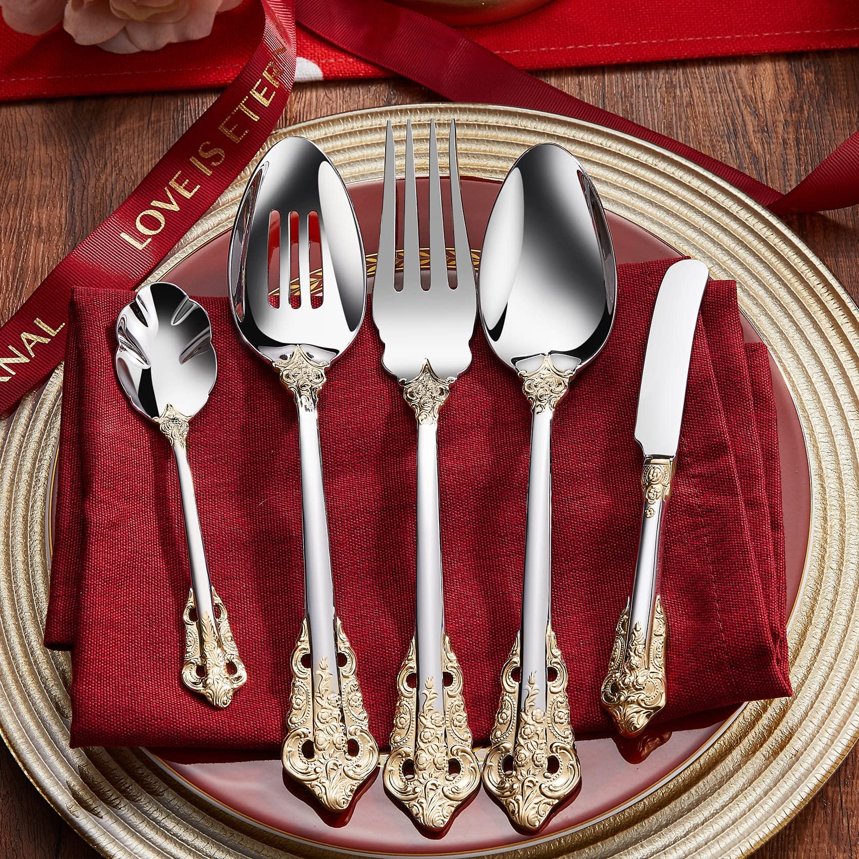 KEAWELL Gorgeous 5-Piece 18/10 Stainless Steel Hostess Serving Utensil Set, Dishwasher Safe, Gold Accent