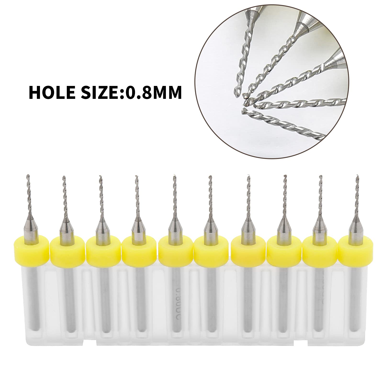 Luomorgo 10 Pcs 1/8" Shank PCB Drill Bits Carbide Tungsten Steel, 0.8mm PCB Print Circuit Board Mini Drill Bit Set for PCB Jewelry CNC Engraving, Yellow