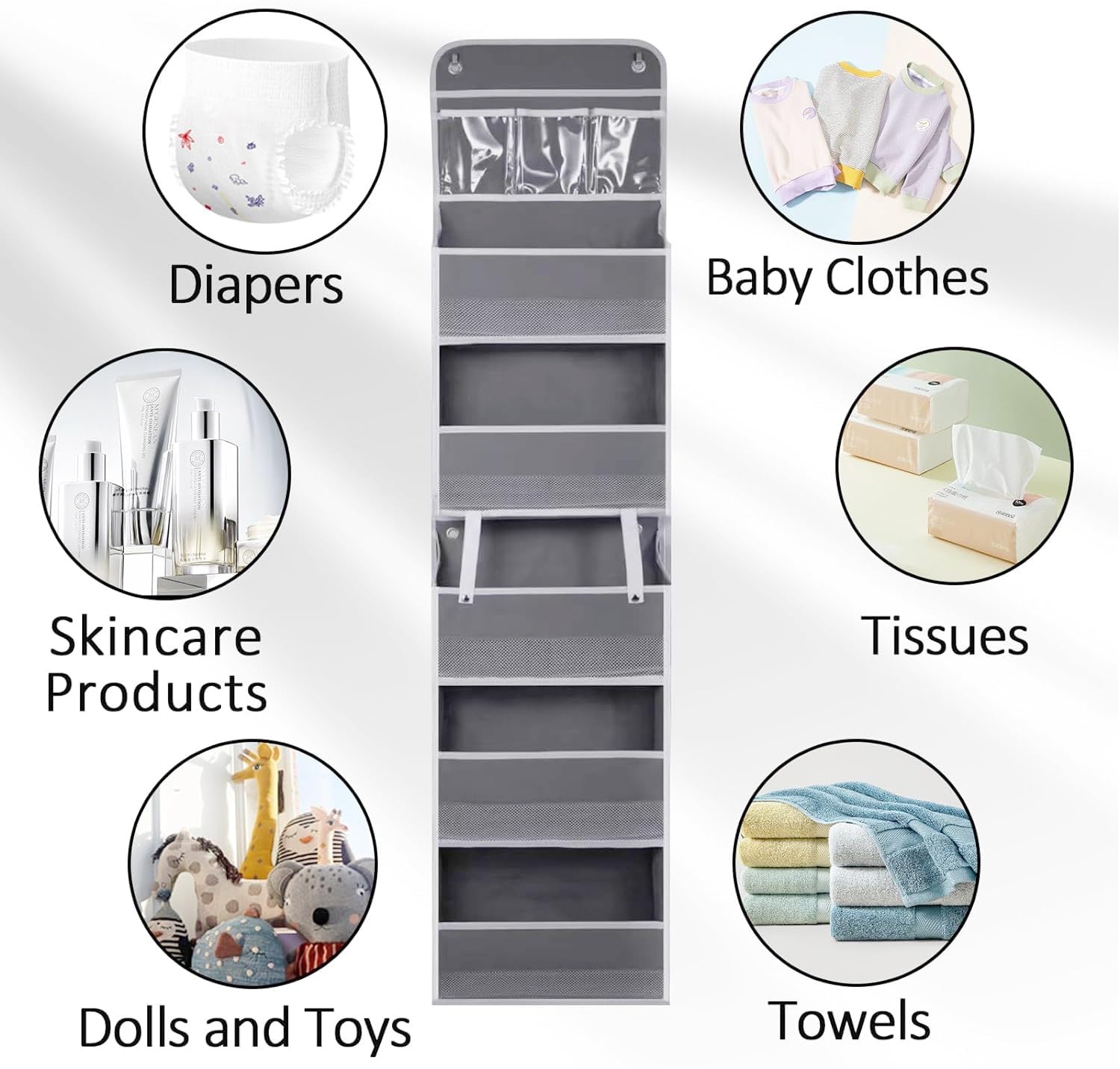 HSD Houseware Baby Organizer for Nursery, Separable 2-in-1 Over the Door Organizer Bathroom with 5 Shelves 4 Side Pockets 3 PVC Pockets, Door Organizer Hanging Bedroom Pantry (Dark Grey)