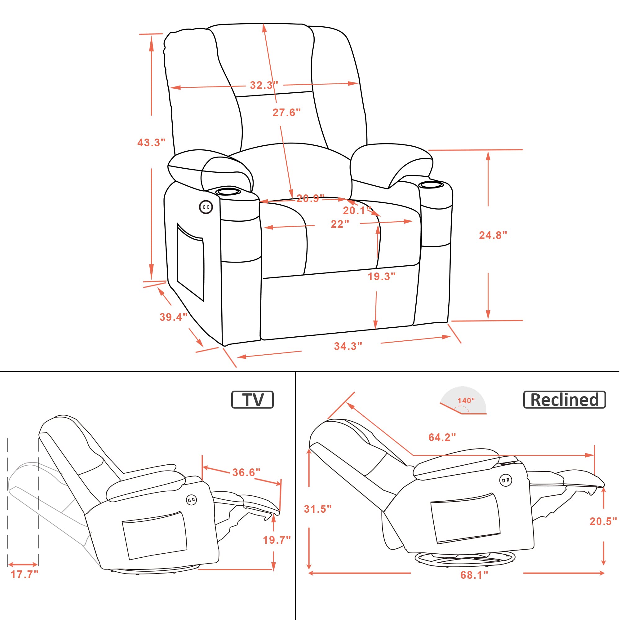 MCombo Manual Swivel Glider Rocker Recliner Chair with Heat and Massage, USB Ports, Cup Holders and Pockets, Fabric 6381 (Blue)